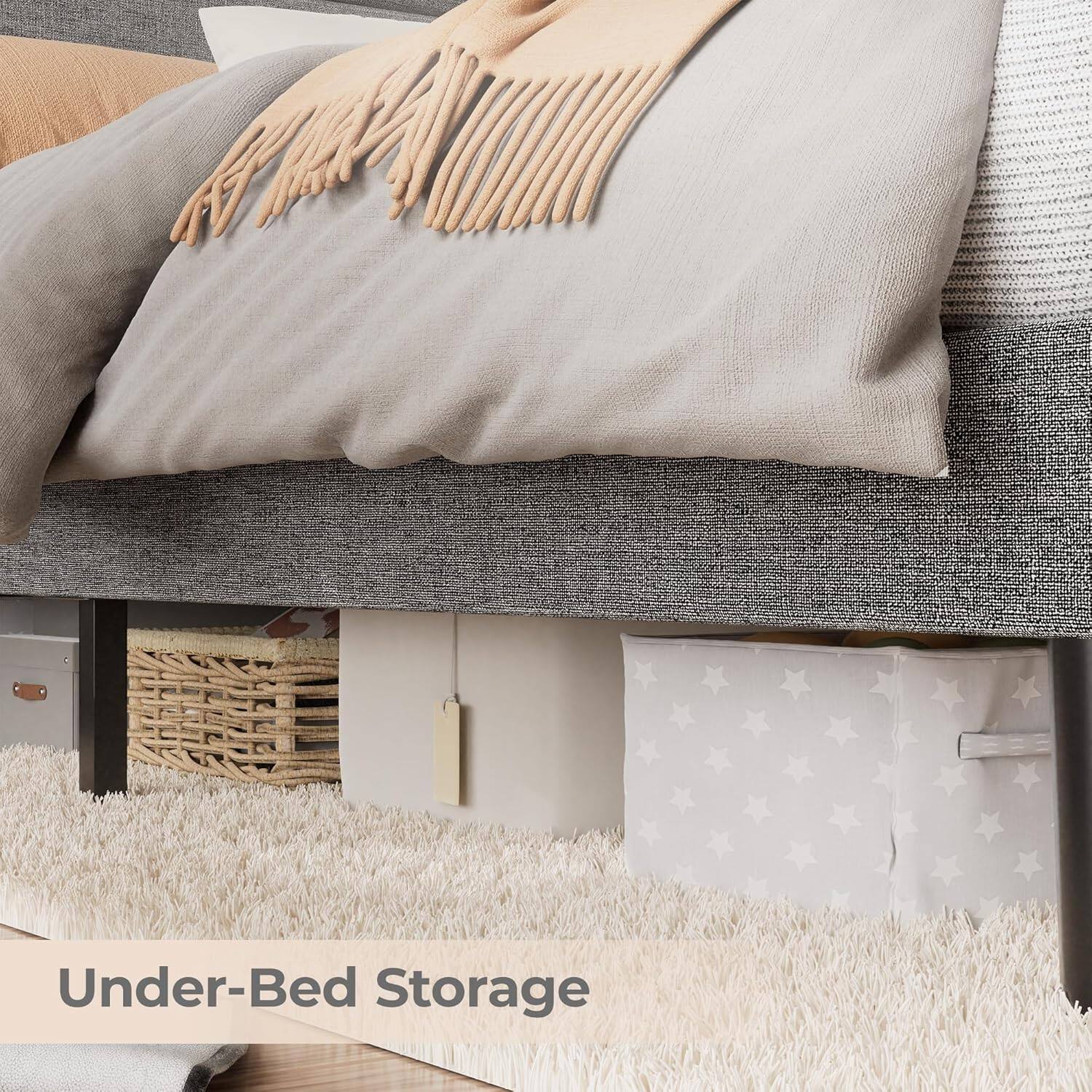 Jojoka Queen Upholstered Bed Frame with Headboard, LED Lights, Charging ...