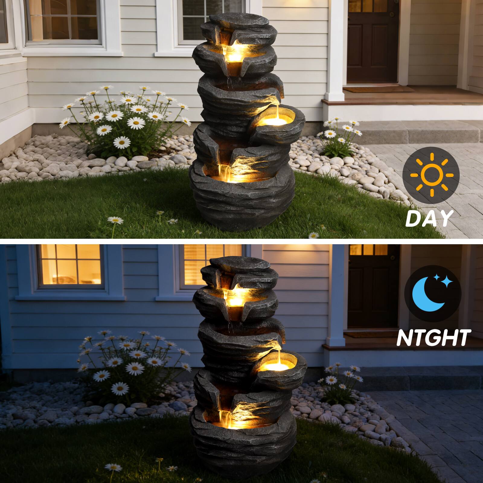 Anysun Outdoor Waterfall Fountain with Lights – Stacked Rock Cascading ...