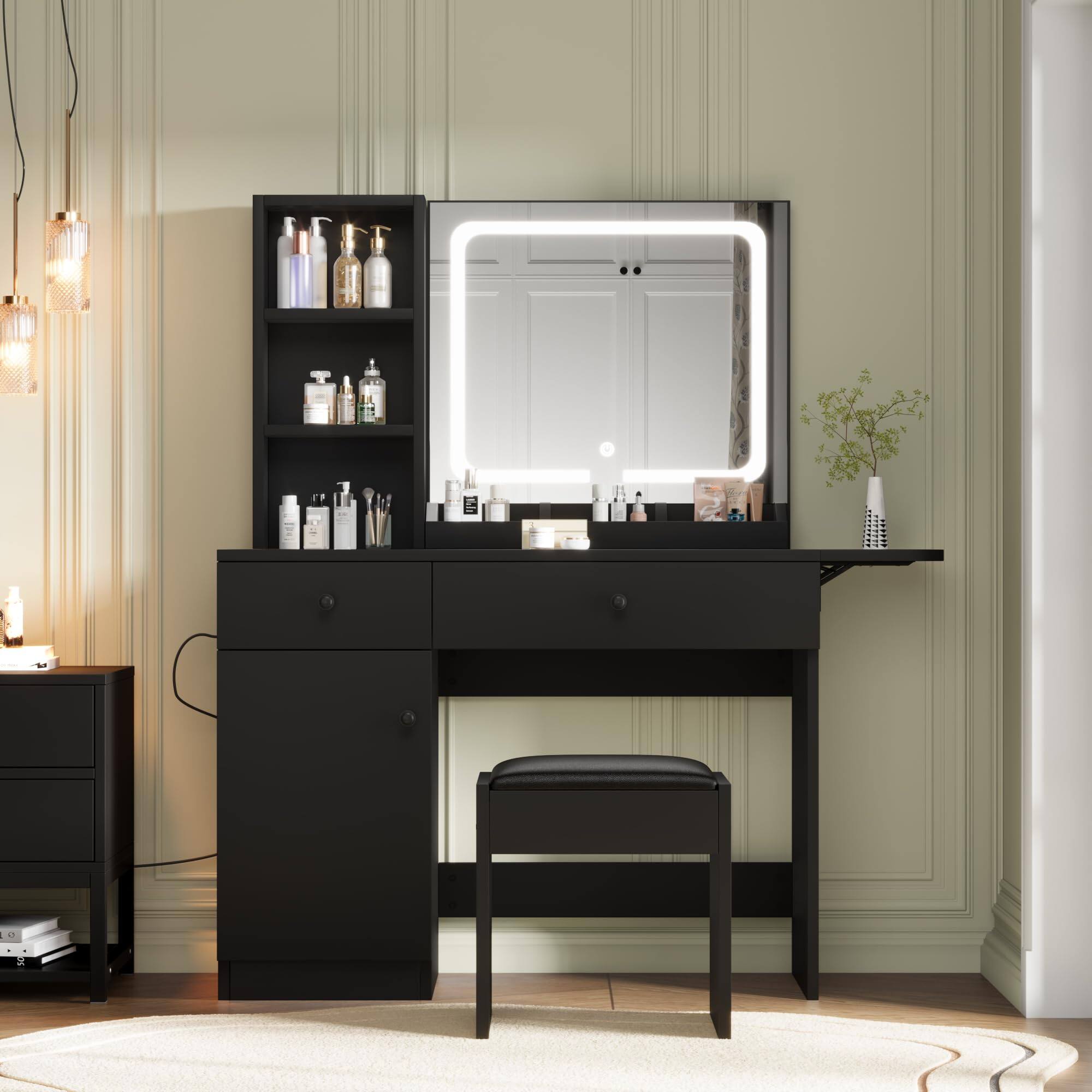 Jojoka Vanity Desk with Lighted Mirror & Power Outlet, Makeup Table ...