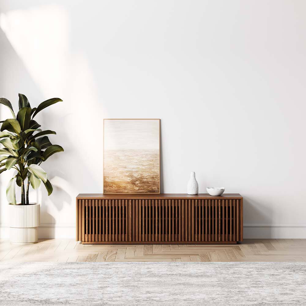 POVISON 59" Modern Wood TV Stand, Minimalist Slatted Entertainment ...