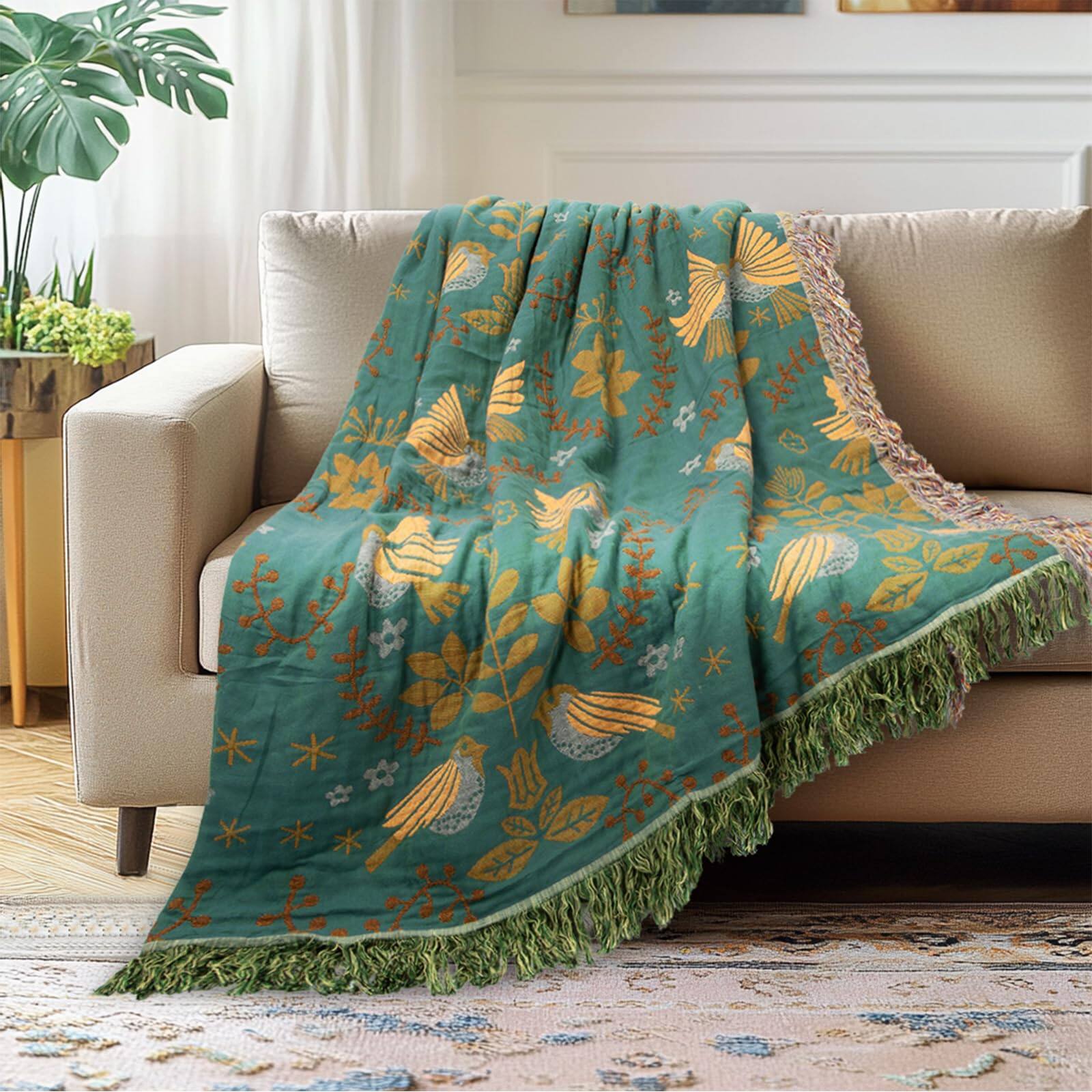 Pacoar Cade Cotton Boho Throw Blanket Soft Lightweight Green Bird ...