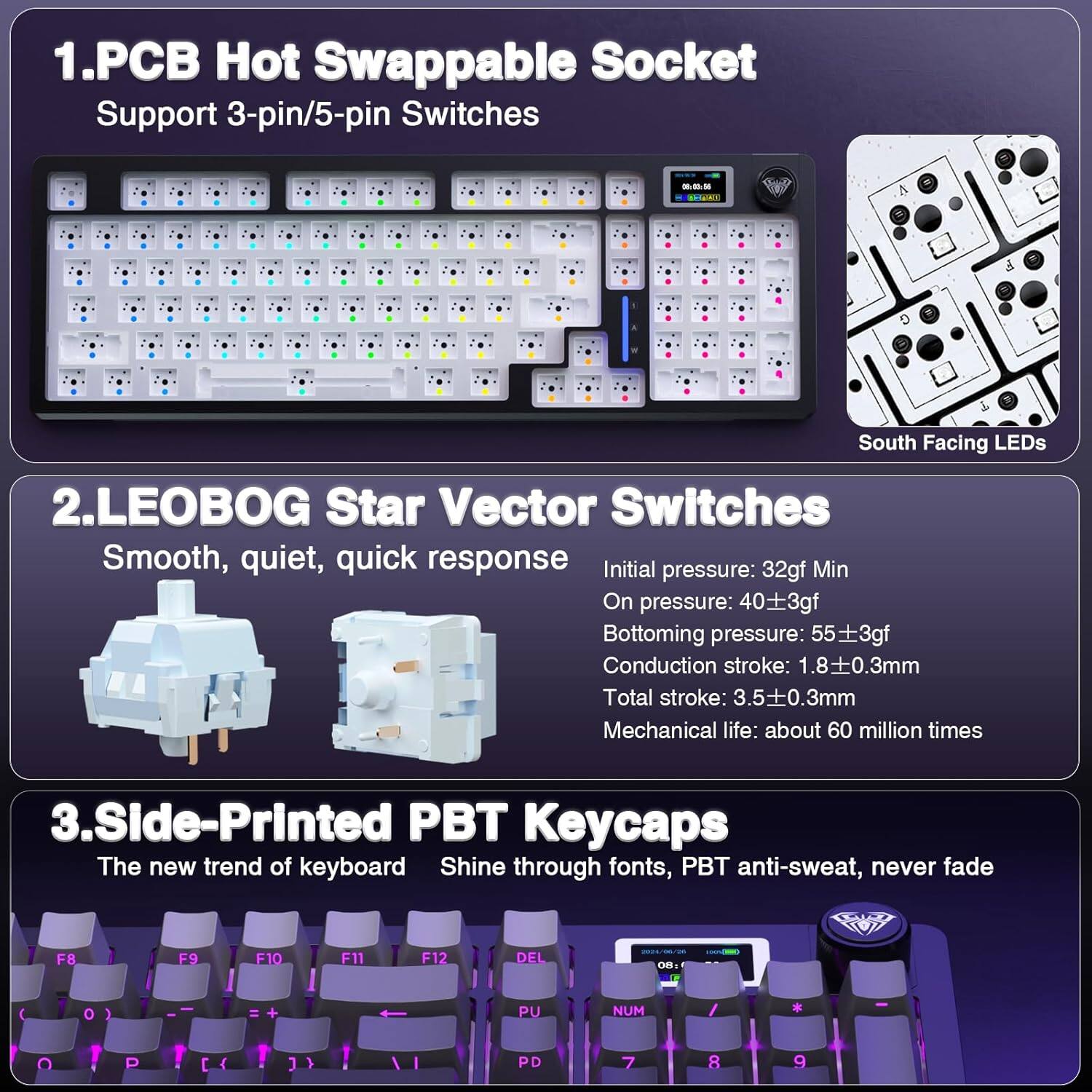 AULA S98 Pro, 96 Key, Wireless, Mechanical Gaming Keyboard, RGB, 5 ...