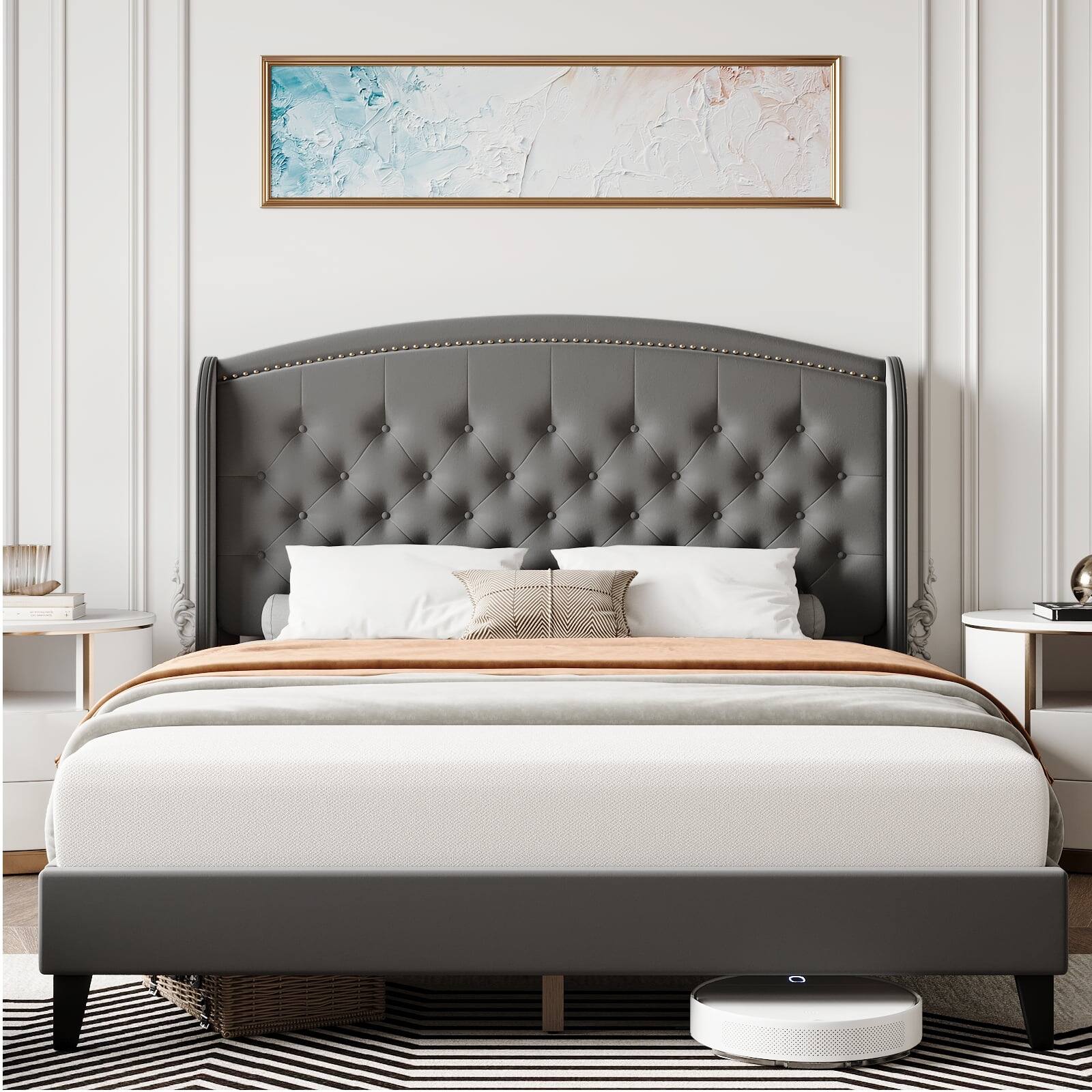 GARVEE King Size Upholstered Bed Wingback Headboard Button Tufted Wood ...