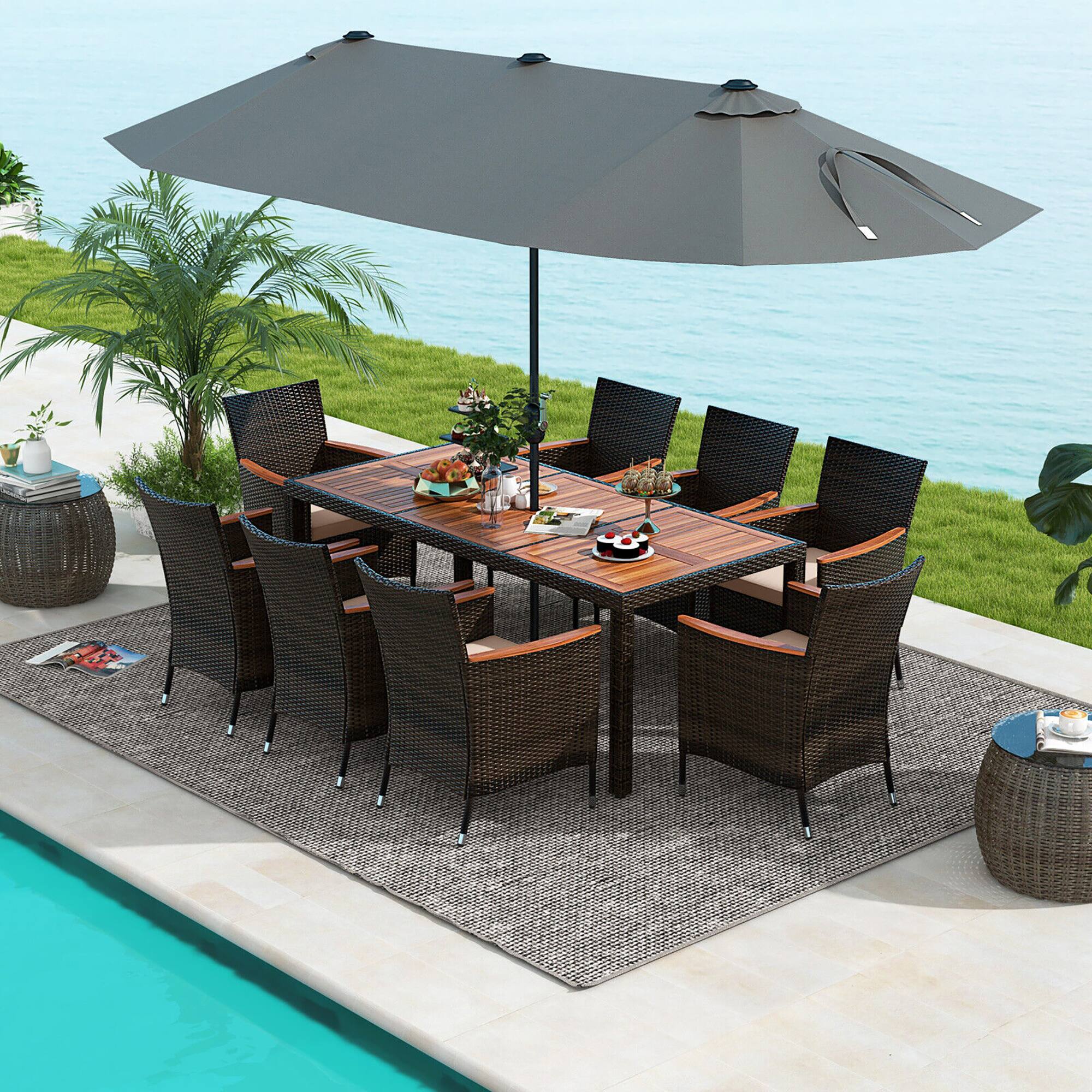Gymax 9 Piece Patio Wicker Dining Set w/ Double Sided Patio Grey ...