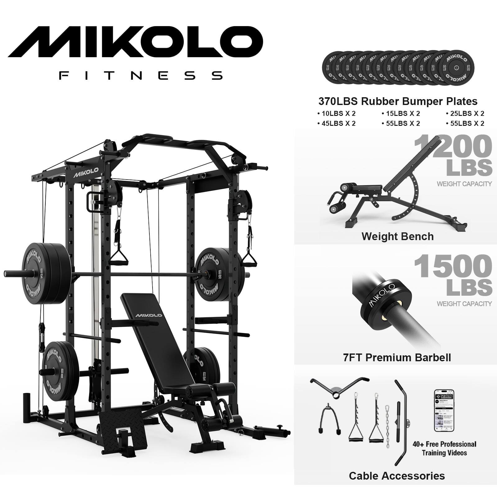 Mikolo Power Rack Cage, 1500 lbs Weight Rack with Cable Crossover ...