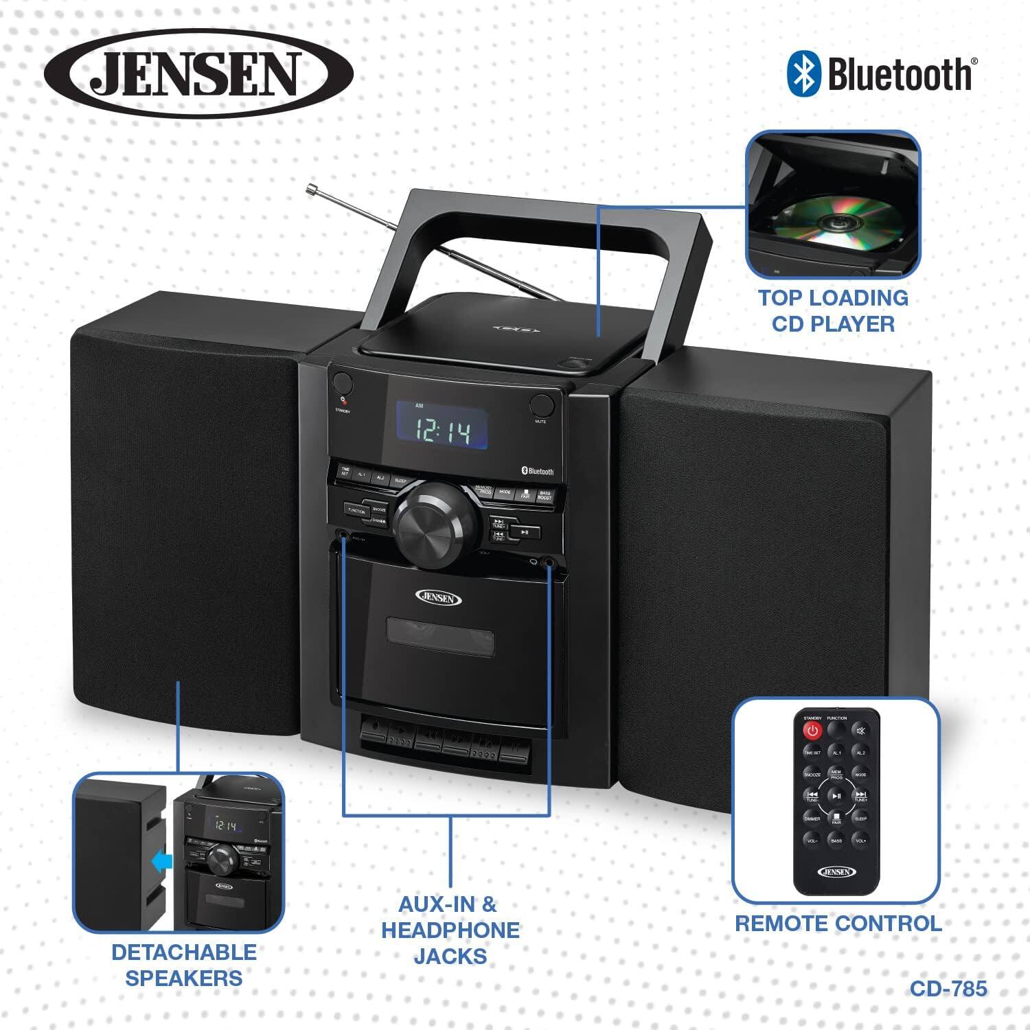 Jensen Portable Bluetooth Stereo, CD Player Music System with Cassette ...