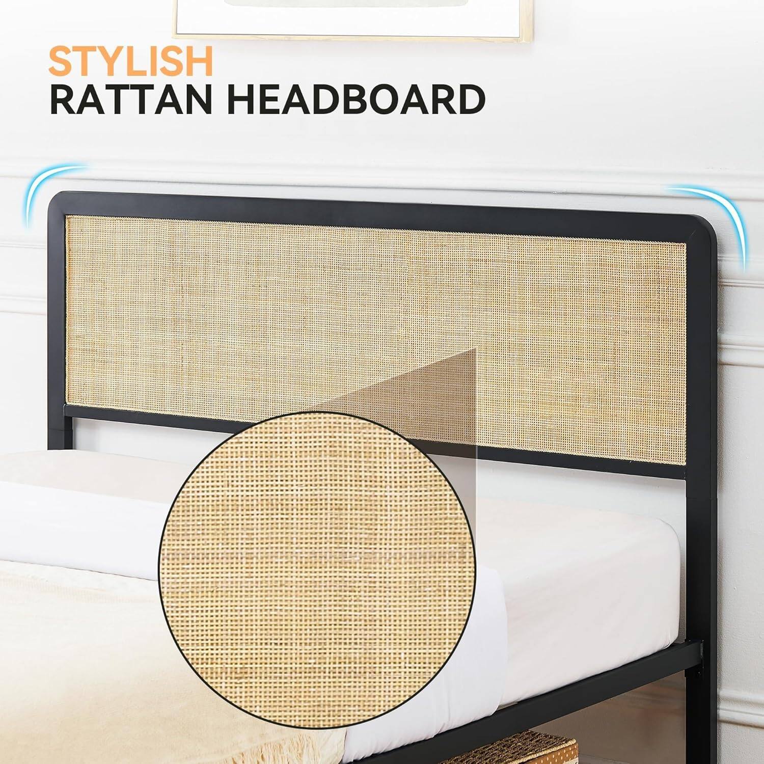 Jojoka Full Size Rattan Bed Frame with Natural Rattan Headboard, Metal ...