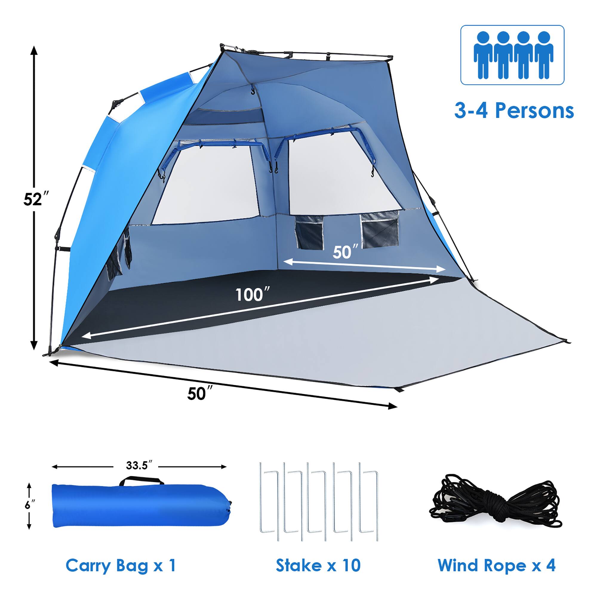 Costway 3 4 Person Easy Pop Up Beach Tent UPF 50Plus Portable Sun ...
