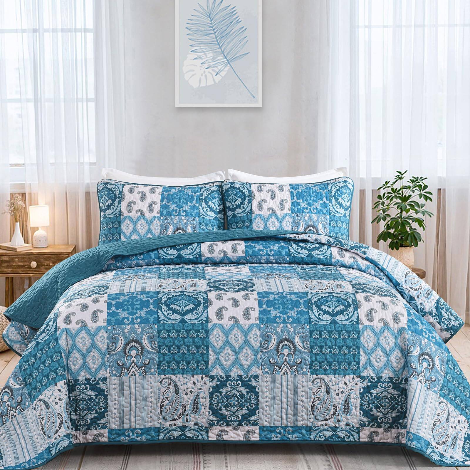 NICHOLAS KLEIN Boho Quilt Set Queen Plaid Bedspread Sets Paisley Soft Microfiber Quilts For Bed ...