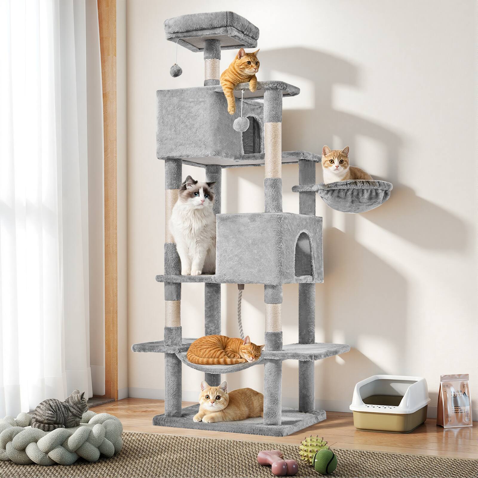 AENKYO 66" Cat Tree Tower Pet House Large Multi Cat Climbing Extended ...