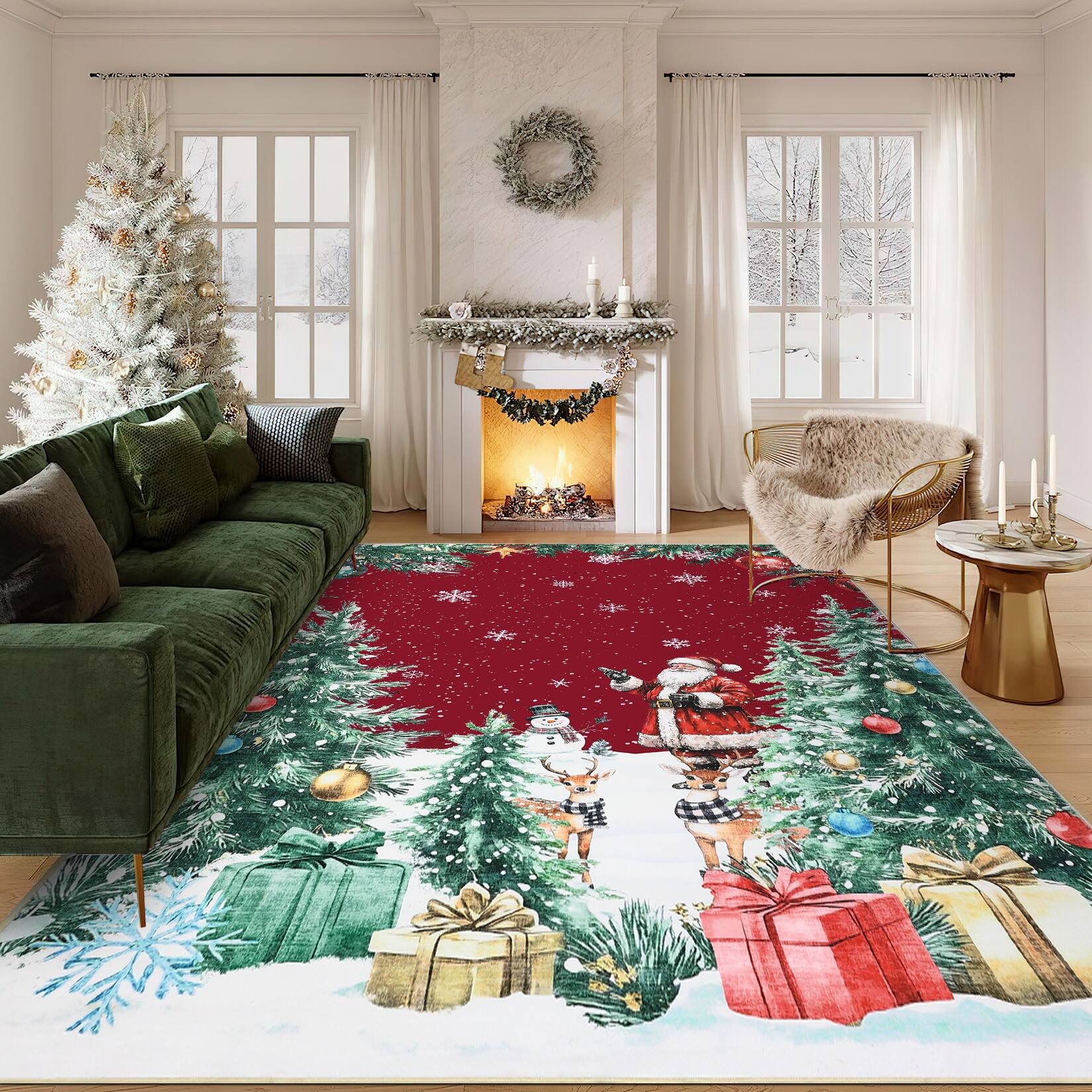 Acekool 4x6 ft Christmas Area Rug, Santa & Snowy Trees Print, Washable ...