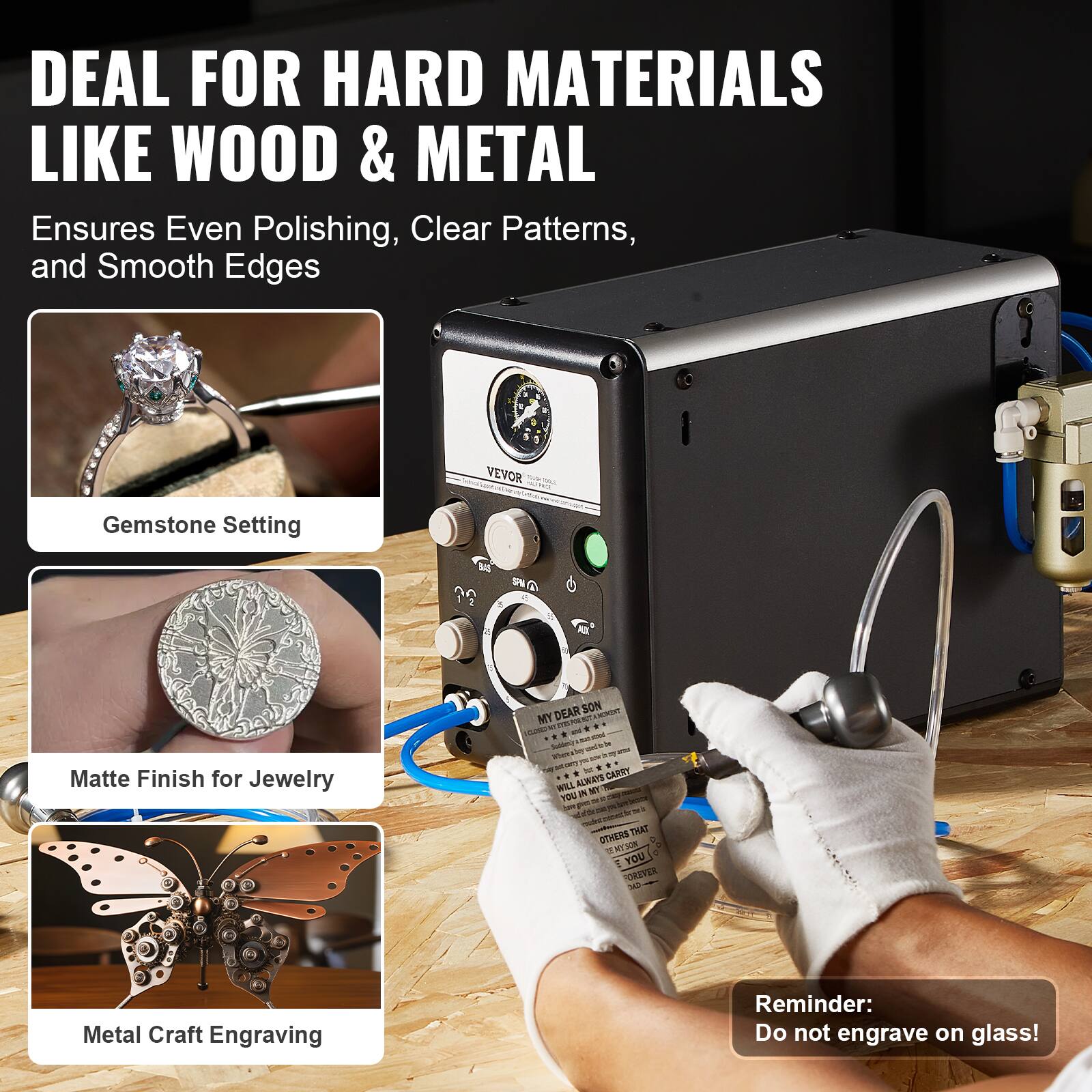 VEVOR Pneumatic Jewelry Engraver, 1200 6000 RPM Adjustable, 60W Dual Head Pneumatic Engraving ...