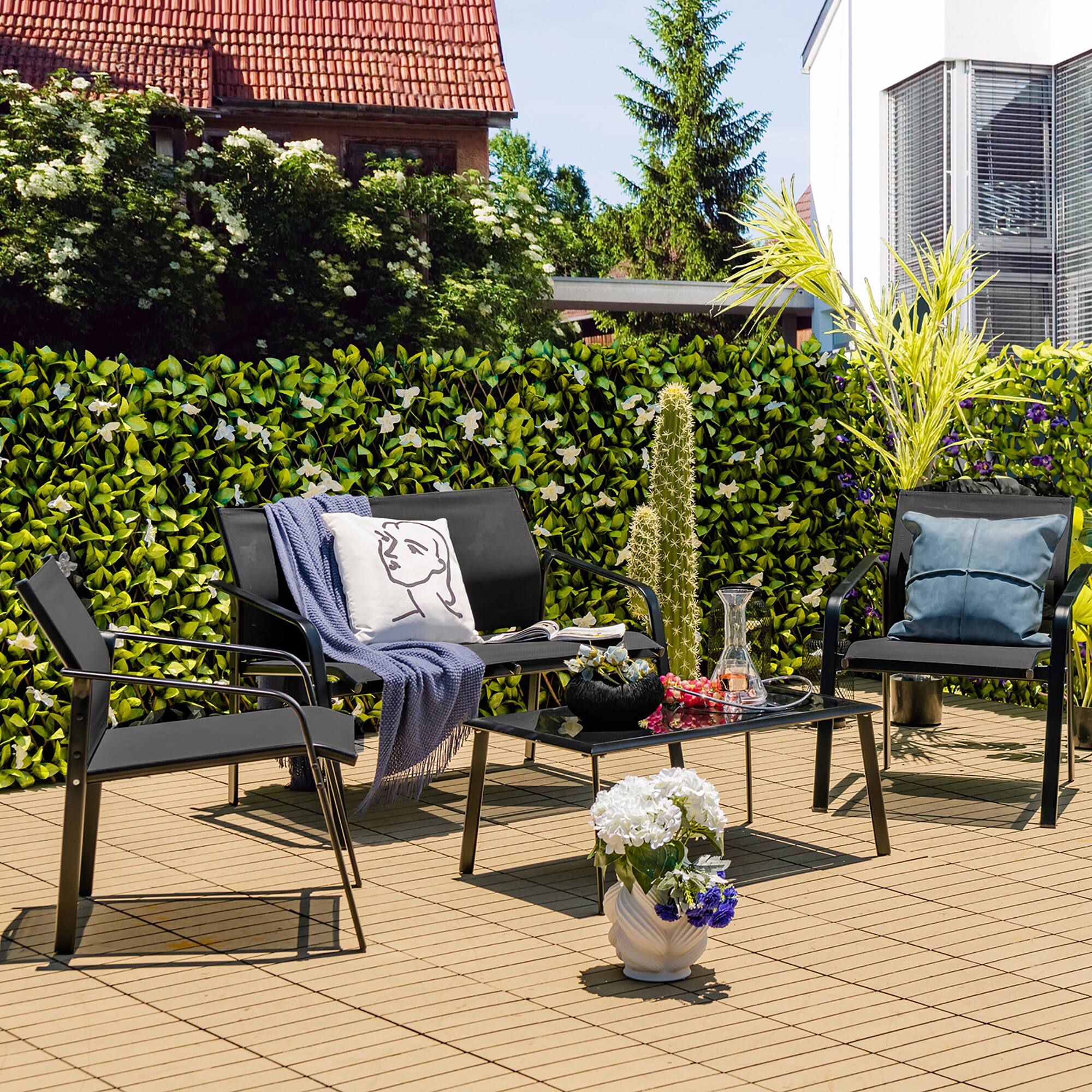 Costway 4 PCS Patio Furniture Set Loveseat Sofas Armrest Glass Table ...