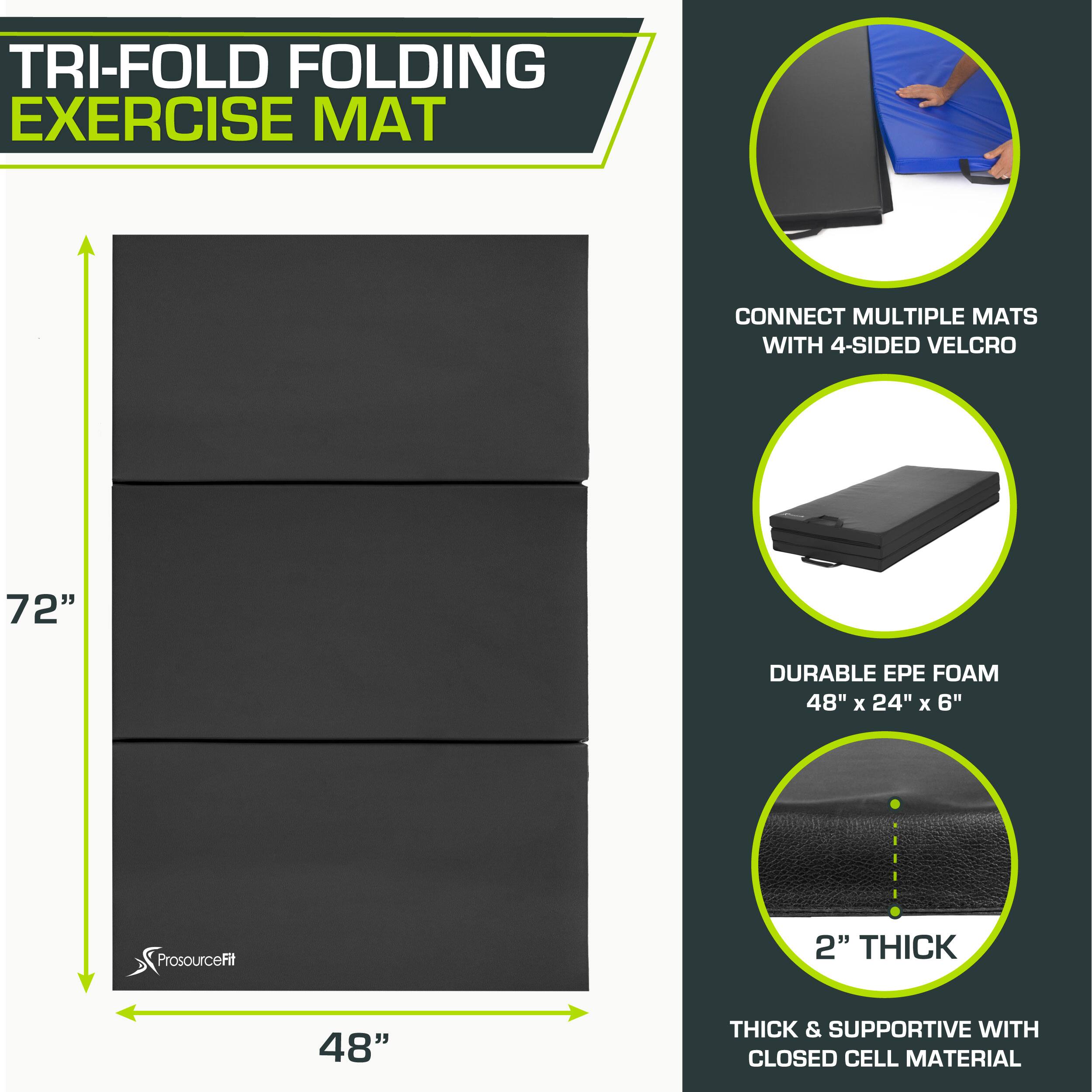 ProsourceFit Tri Fold Folding Exercise Mat 6 ft x 4 ft Black ps-1953 ...