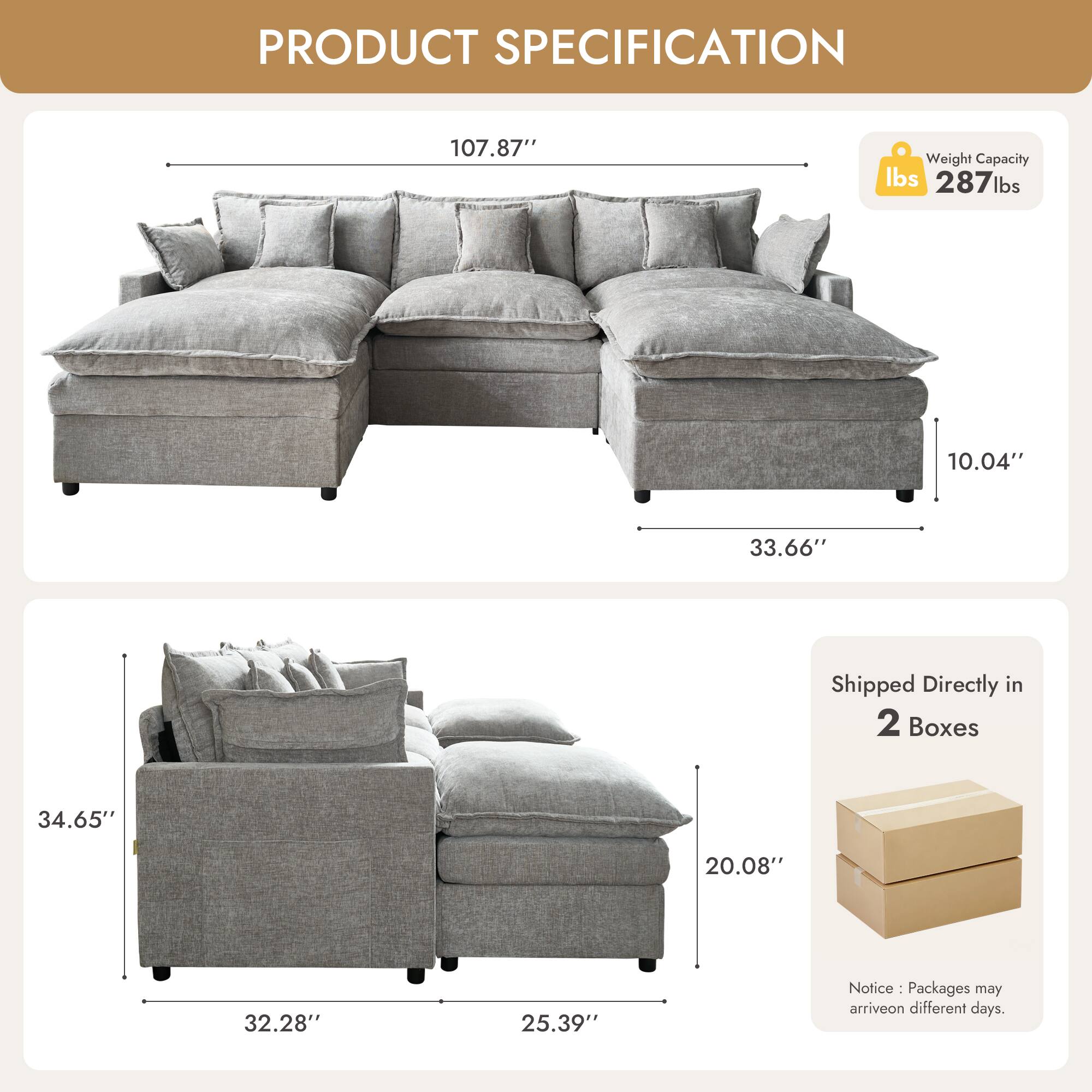 Ovios 3 Seat Sofa Couch L Shaped Chenille Cloud Couch Oversized Modern ...