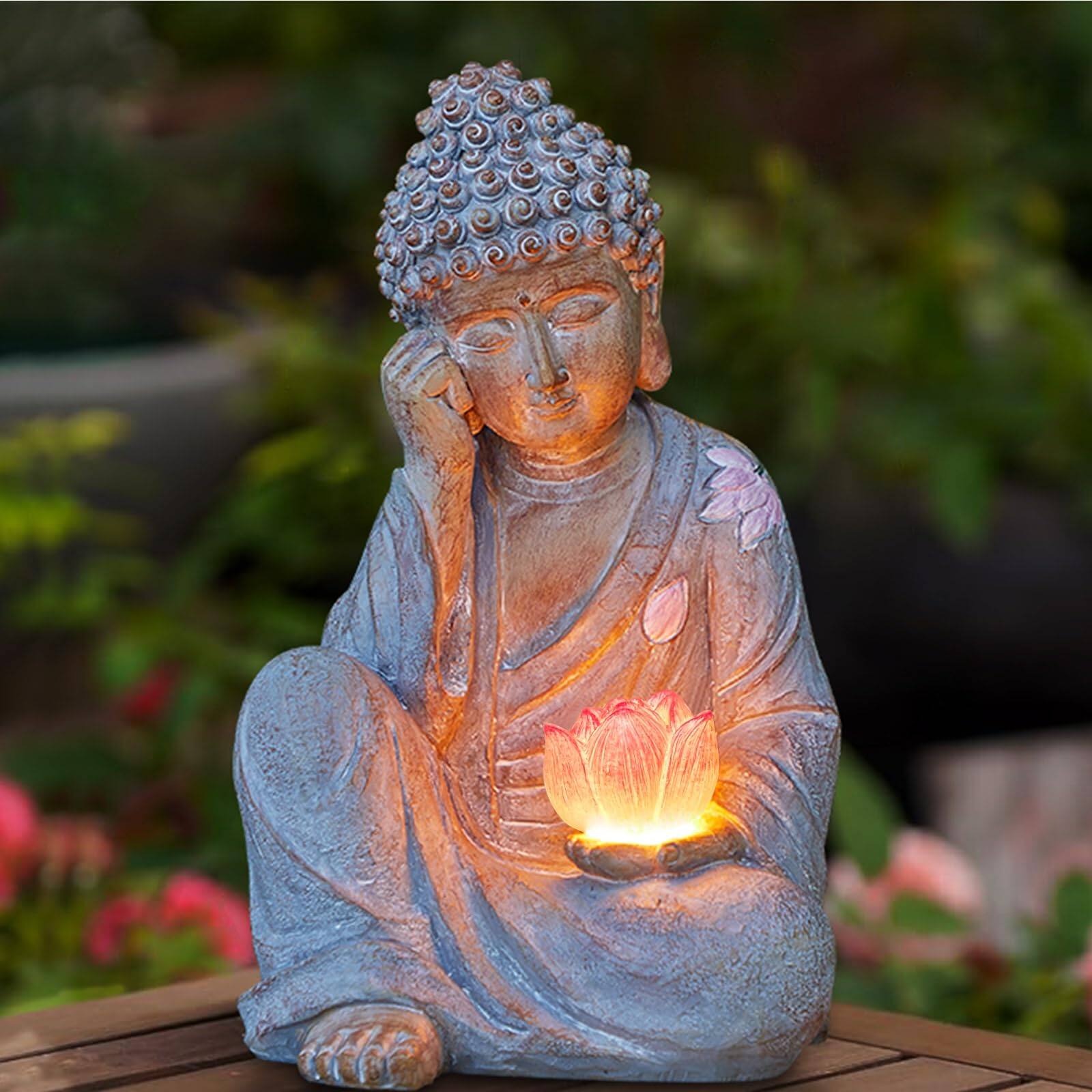Refined Abode Design Buddha Statue Outdoor With Lotus Flower Light Ip65 ...