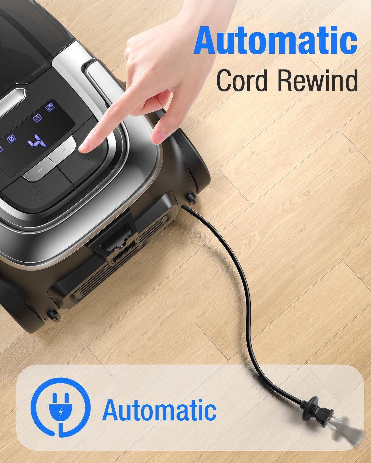 GlowWise 40Kpa Bagless Canister Vacuum – Auto Cord Rewind, XL Dust Cup & HEPA Filter for Hard ...