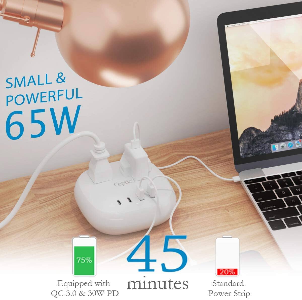 Ceptics 65W USB Power Strip – Compact Surge Protector with Dual USB A ...