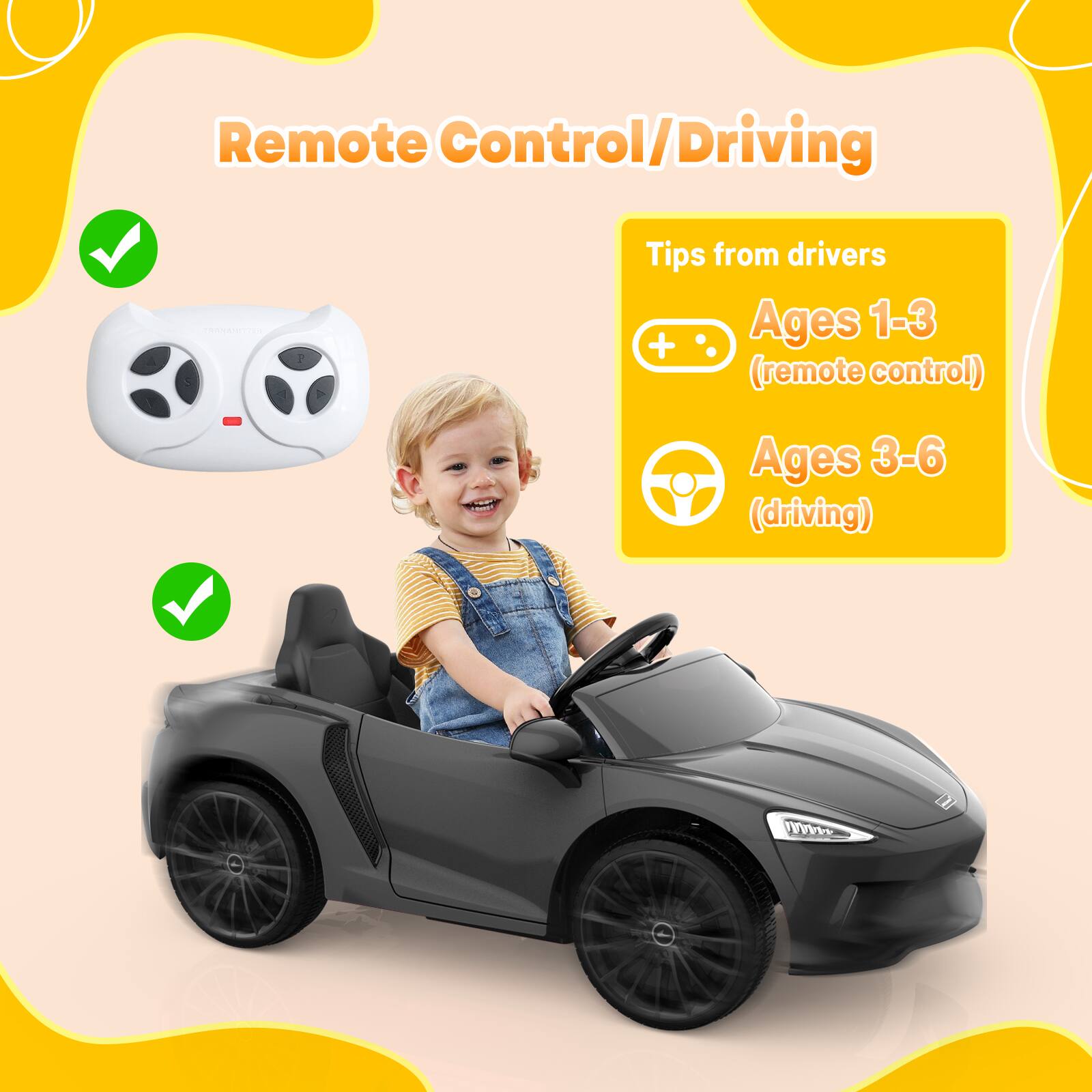 Acekool 12V Licensed Kids Ride On Car, Remote Control, Hydraulic Doors ...