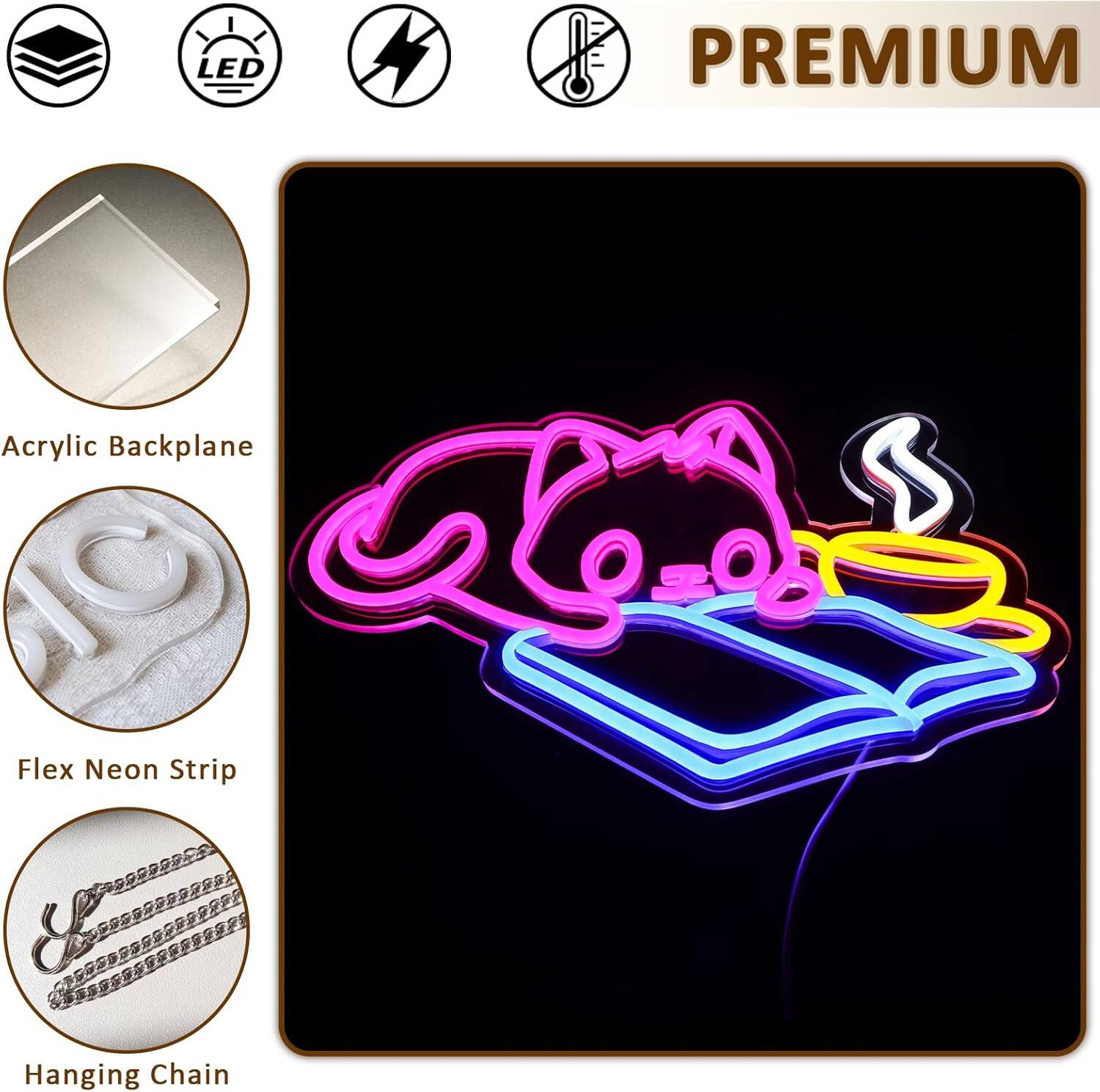 Auledio Cat Reading Book Neon Sign for Wall Decor, Cute Cat Led Signs ...