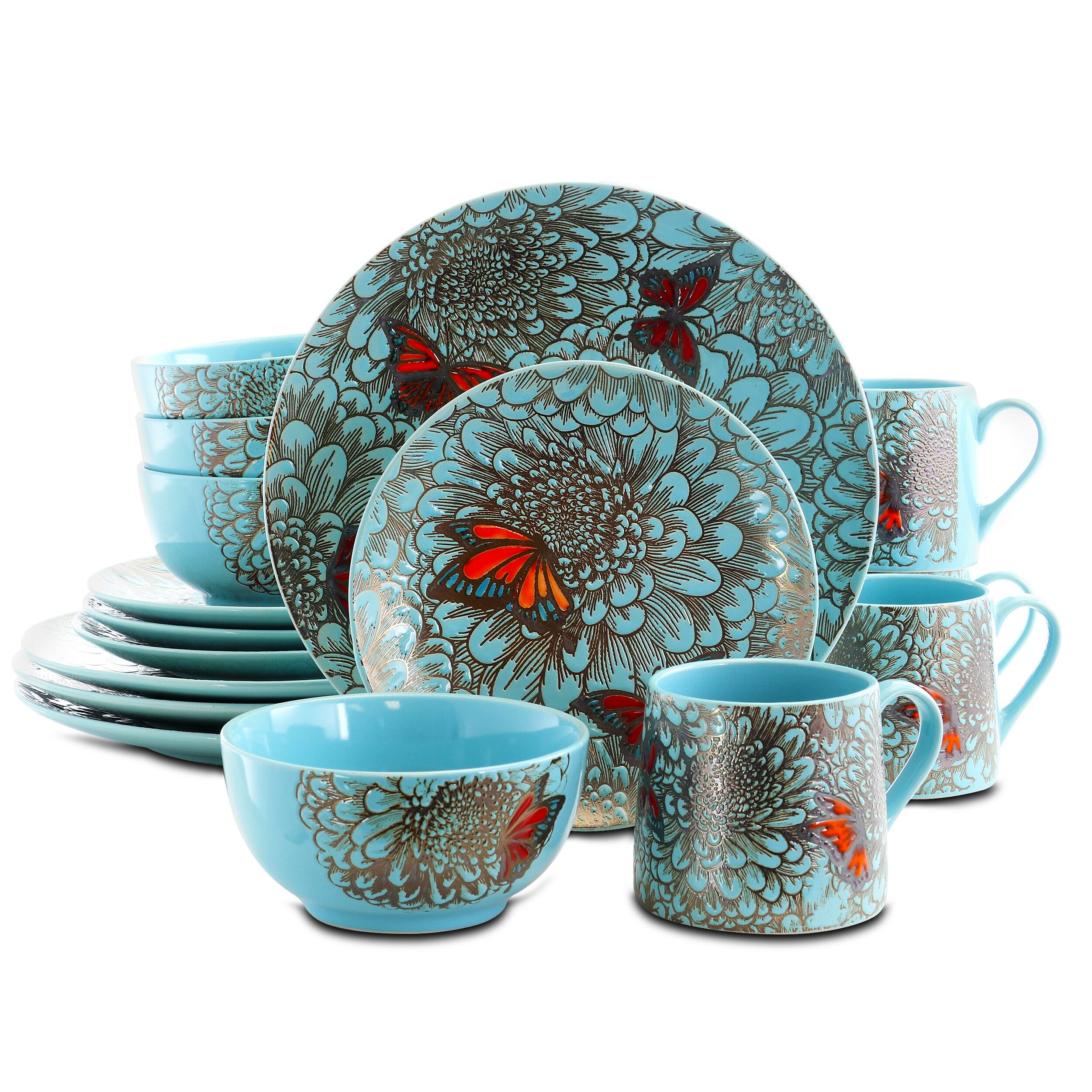 Elama Butterfly Garden 16 Piece Stoneware Dinnerware Set Blue and Red ...