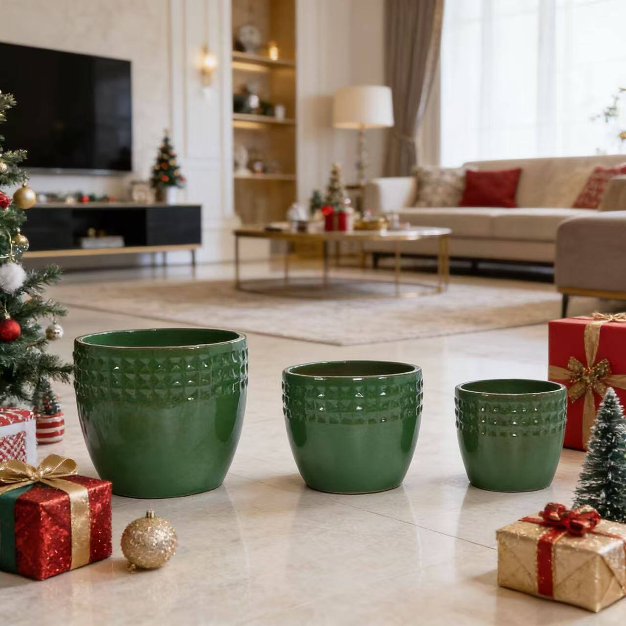 Loheer Ceramic Planter Set of 3 Handmade Green Plant Pots, Breathable ...