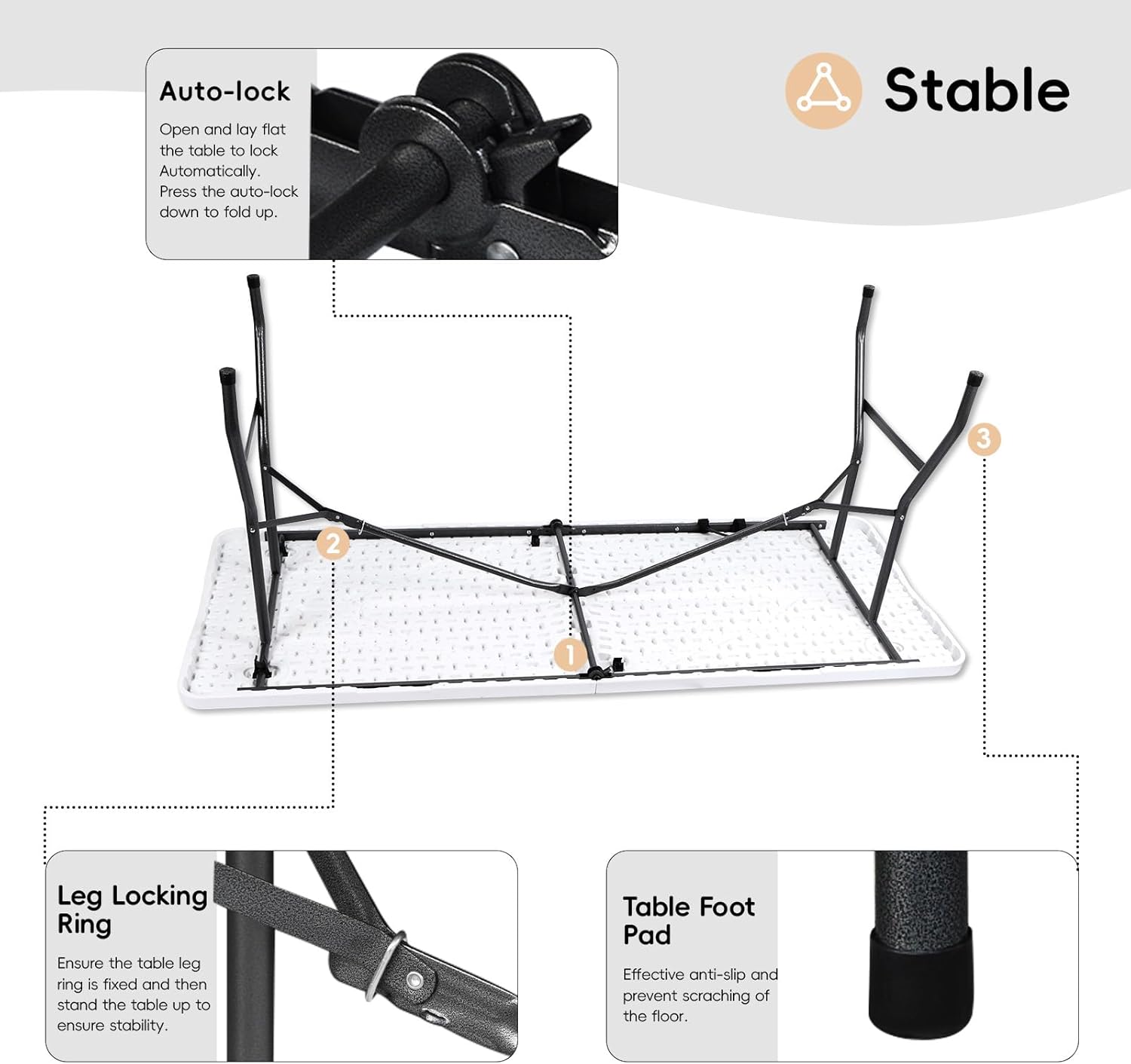 TinyHomie Folding Table 6FT HDPE 6 Foot Foldable Table Portable Banquet ...