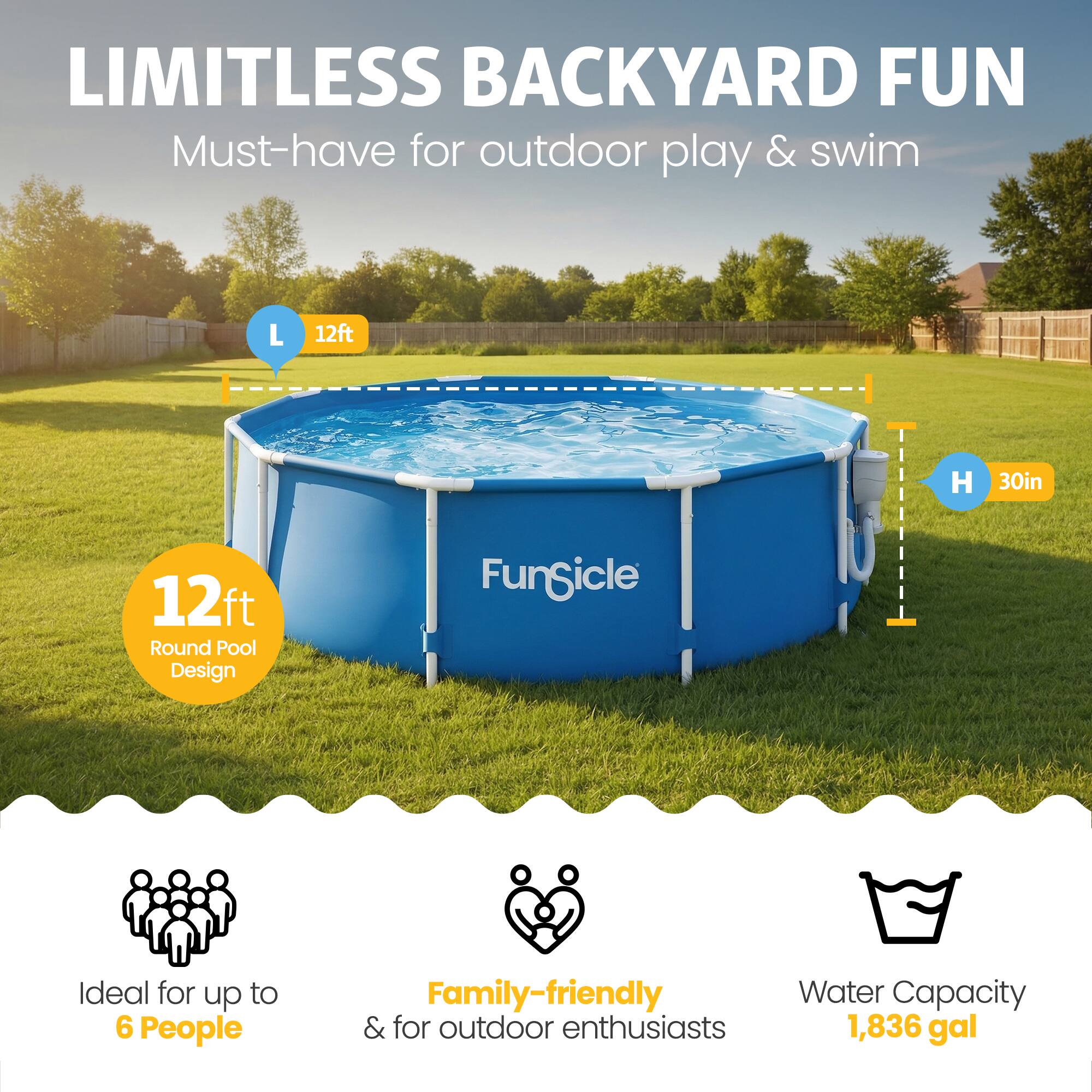Funsicle 12' x 30" Outdoor Activity Round Frame Above Ground Swimming ...
