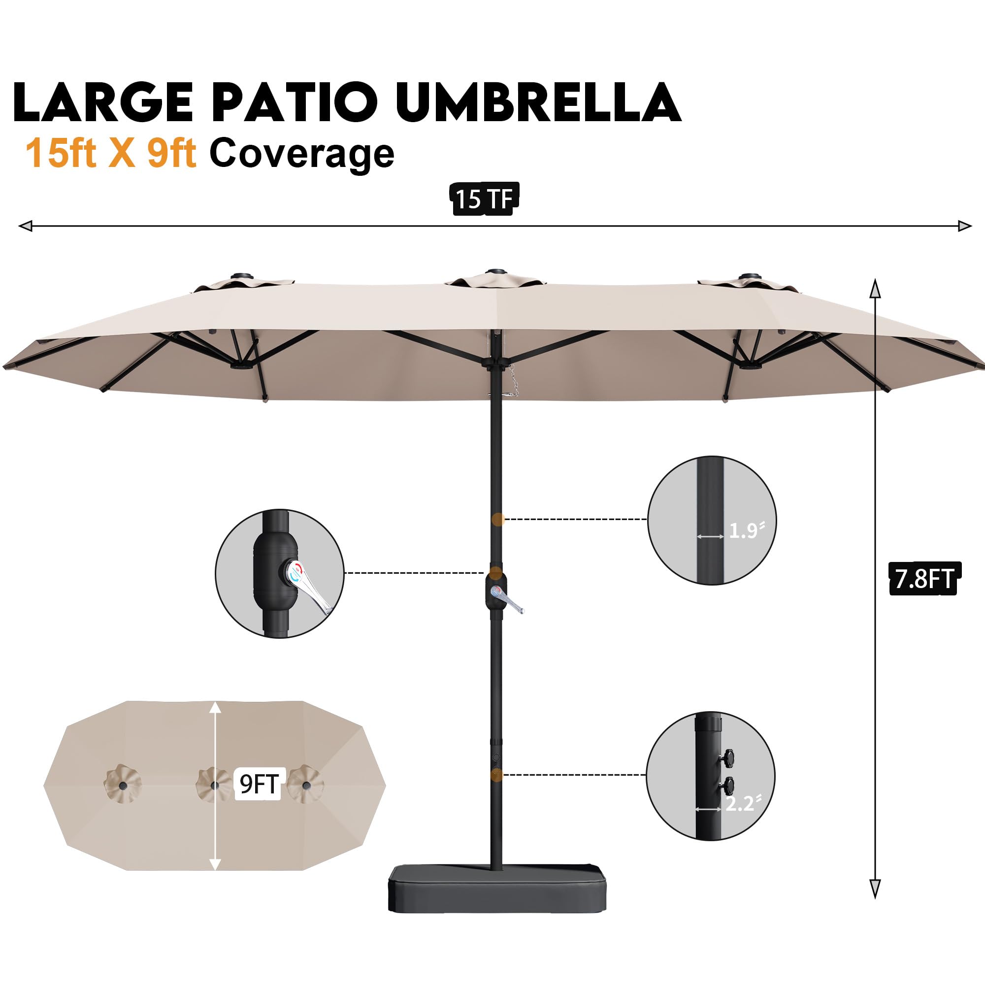 GlowWise 15ft Rectangular Patio Umbrella Double Sided, Crank Handle ...