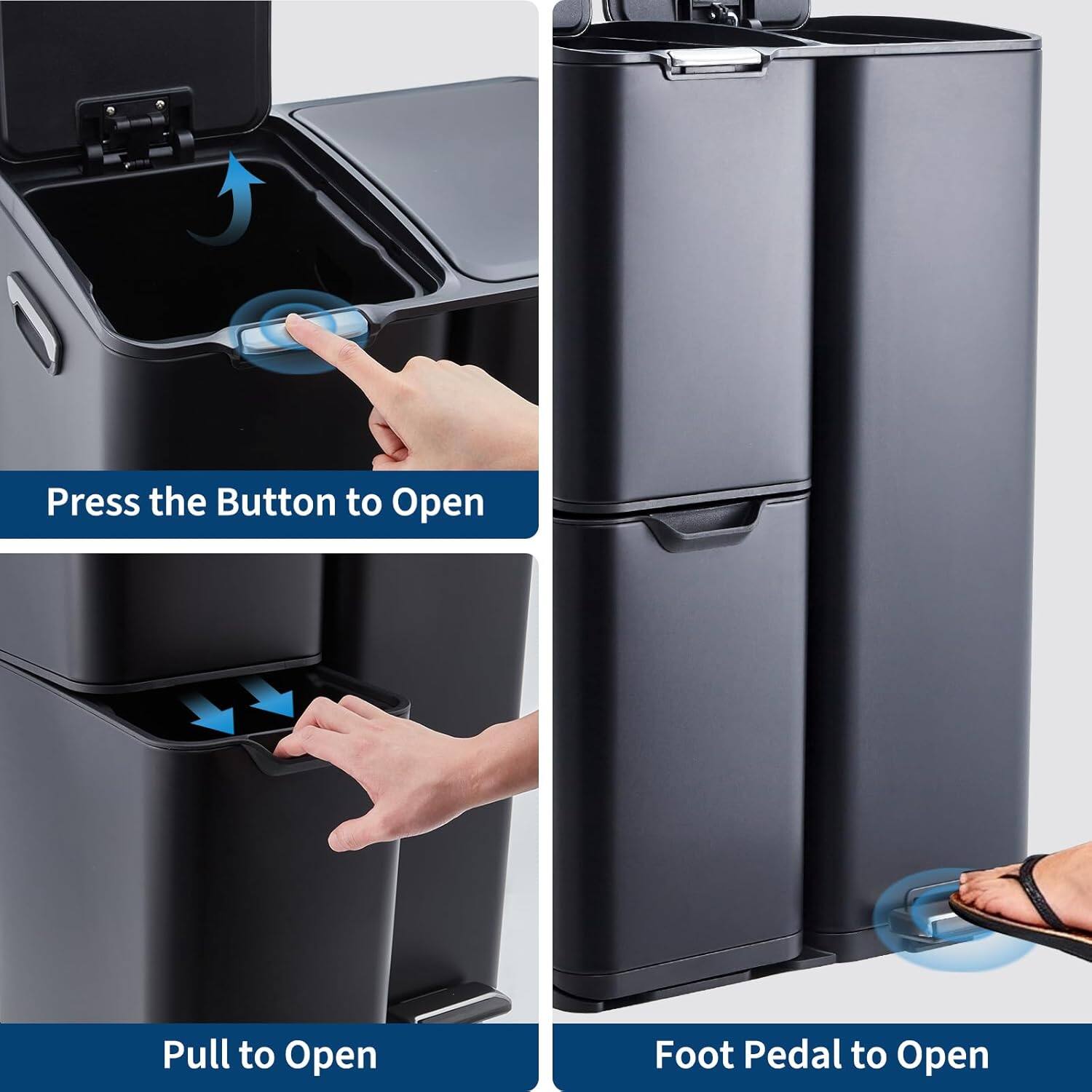 Homhougo 16 Gal Kitchen Trash Can with Lid, Triple Compartment ...