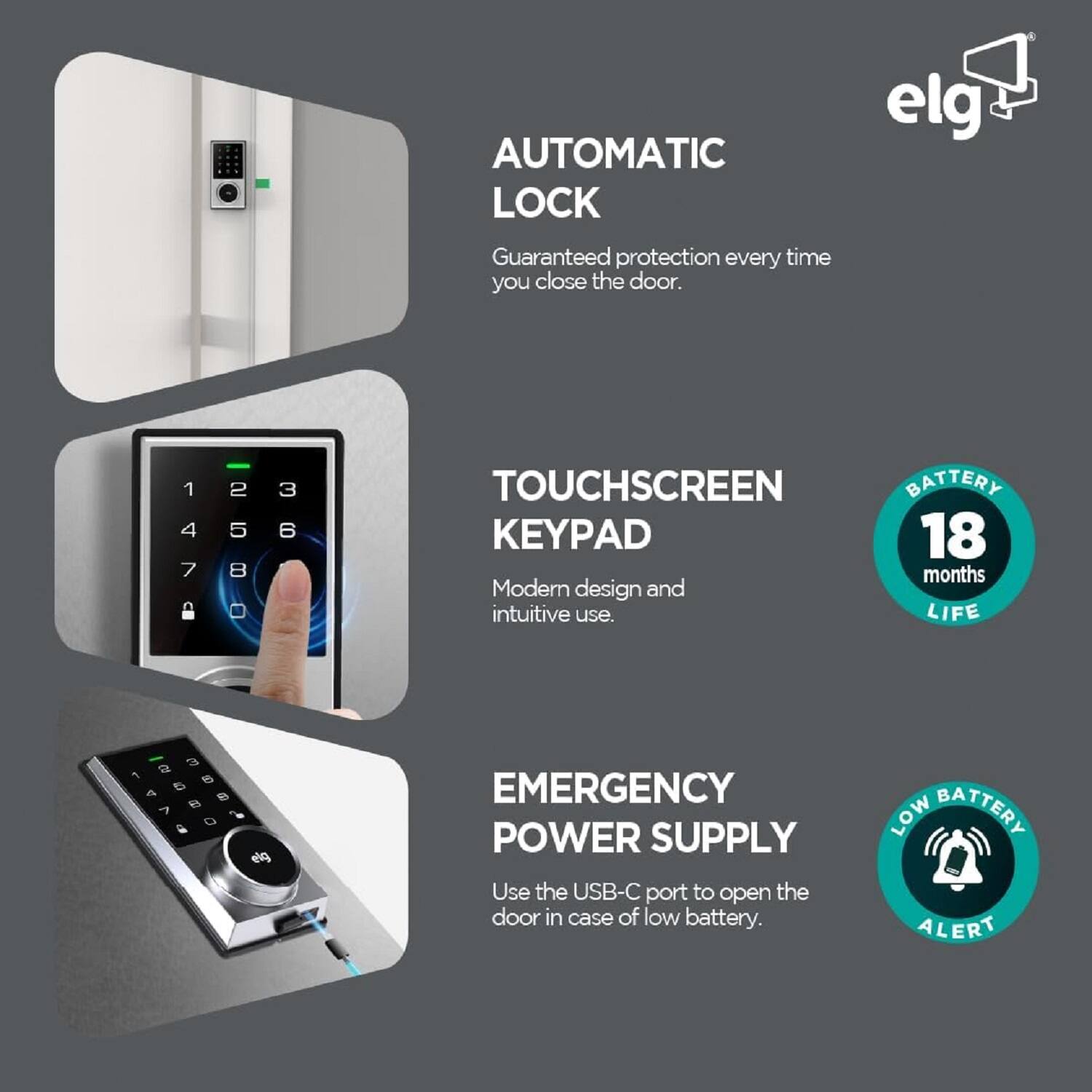 ELG Smart Digital Door Lock with Touchscreen Keypad Auto Lock Fake PIN ...