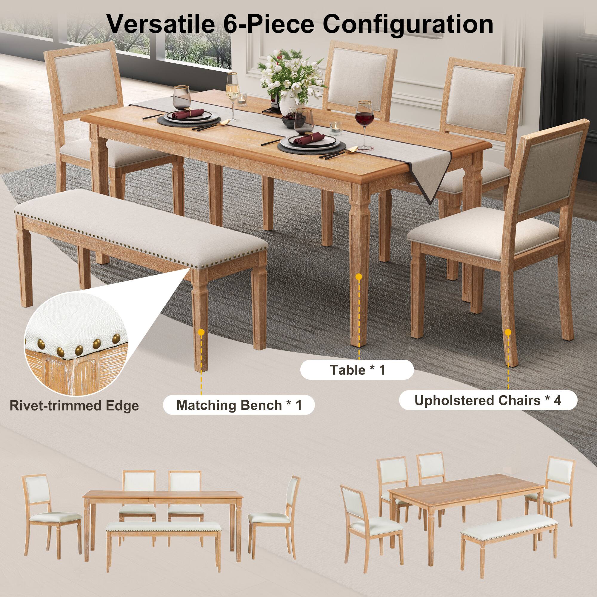 TinyHomie Vintage Extendable Dining Table Set for 6 with 4 Chairs and ...