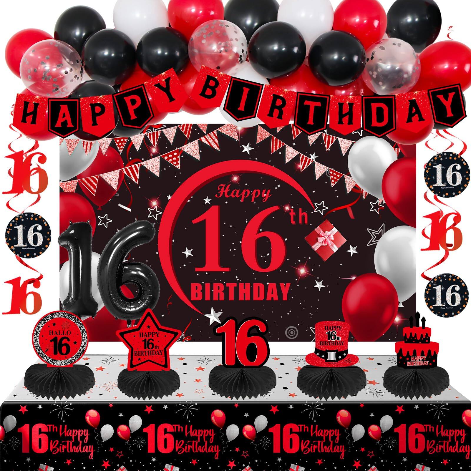 DORLUKFU 16th Birthday Decorations for Boys Girls Red Black, Sweet 16 ...