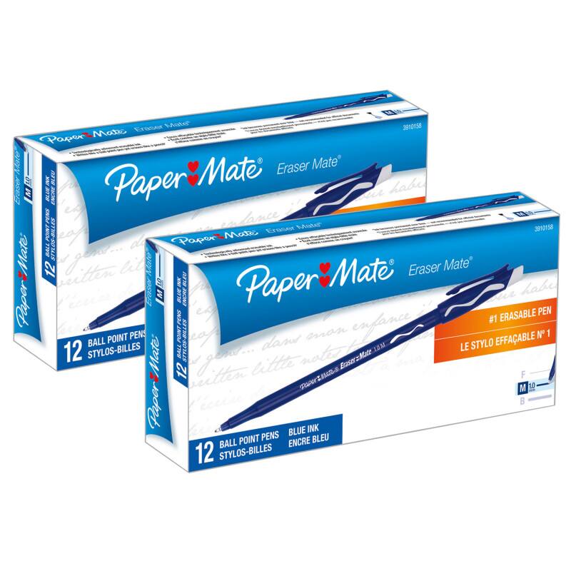 Paper Mate Eraser Mate Erasable Pen, Medium Point, Blue, 12 Per Pack, 2 ...