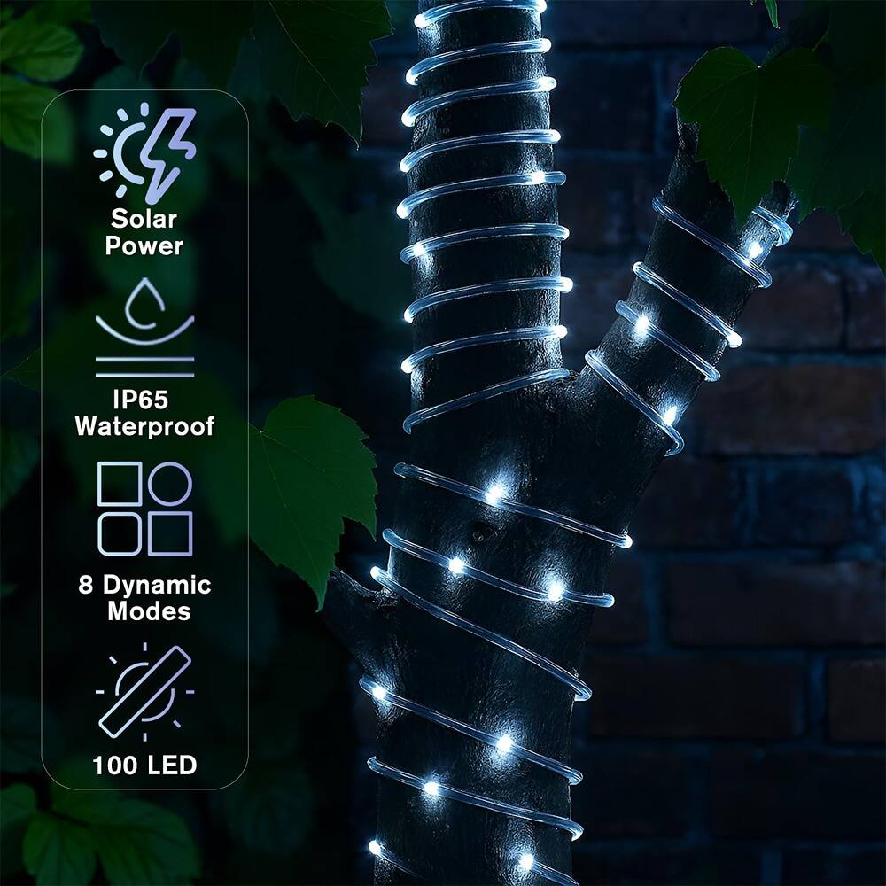 RTMB Cool White 33 foot long, 100 LED, solar powered rope string lights ...