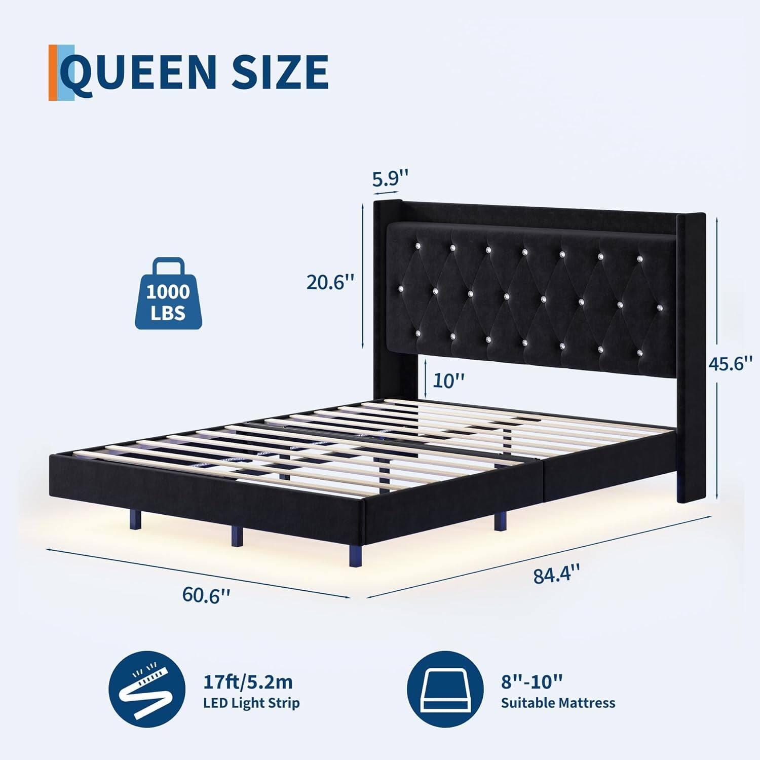 GARVEE Queen Floating Bed Frame with LED Lights, Velvet, Storage ...