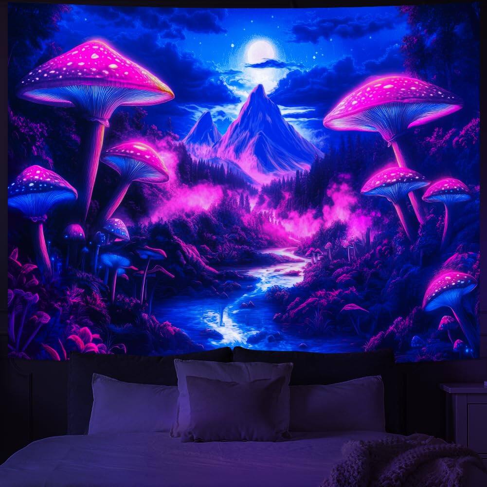 Dapper Styles Blacklight Mushroom Tapestry Uv Reactive Mountain ...