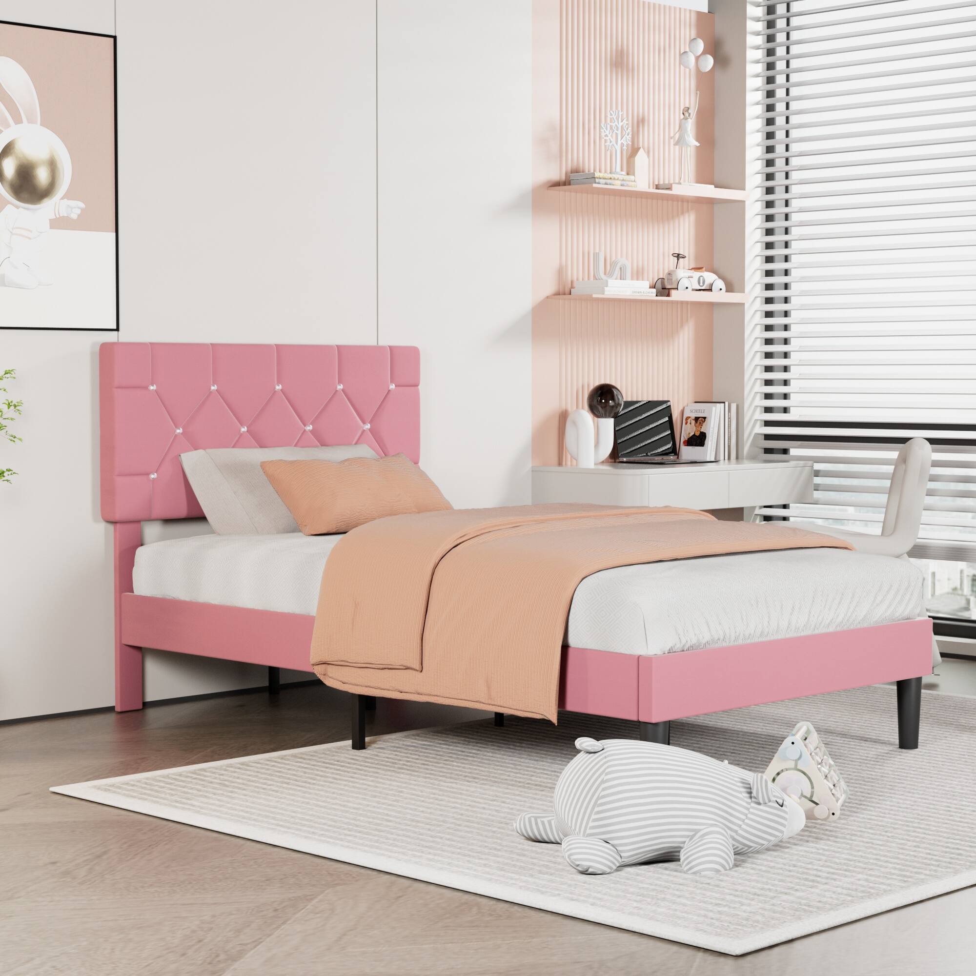 Vecelo Twin Bed Frame with Upholstered Headboard, Heavy Duty Wooden Bed ...