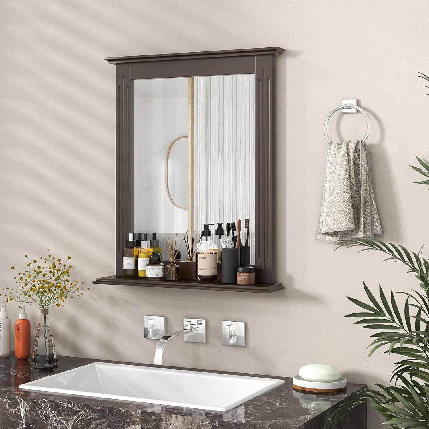 Hivvago 27 in x 22.5 in Bathroom Wall Mirror with Shelf in Dark Wood ...