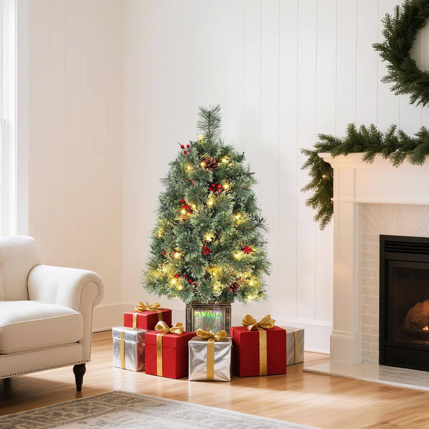 Qeetex 3ft Small Christmas Tree with 70 LED Lights, Tabletop Pre Lit ...