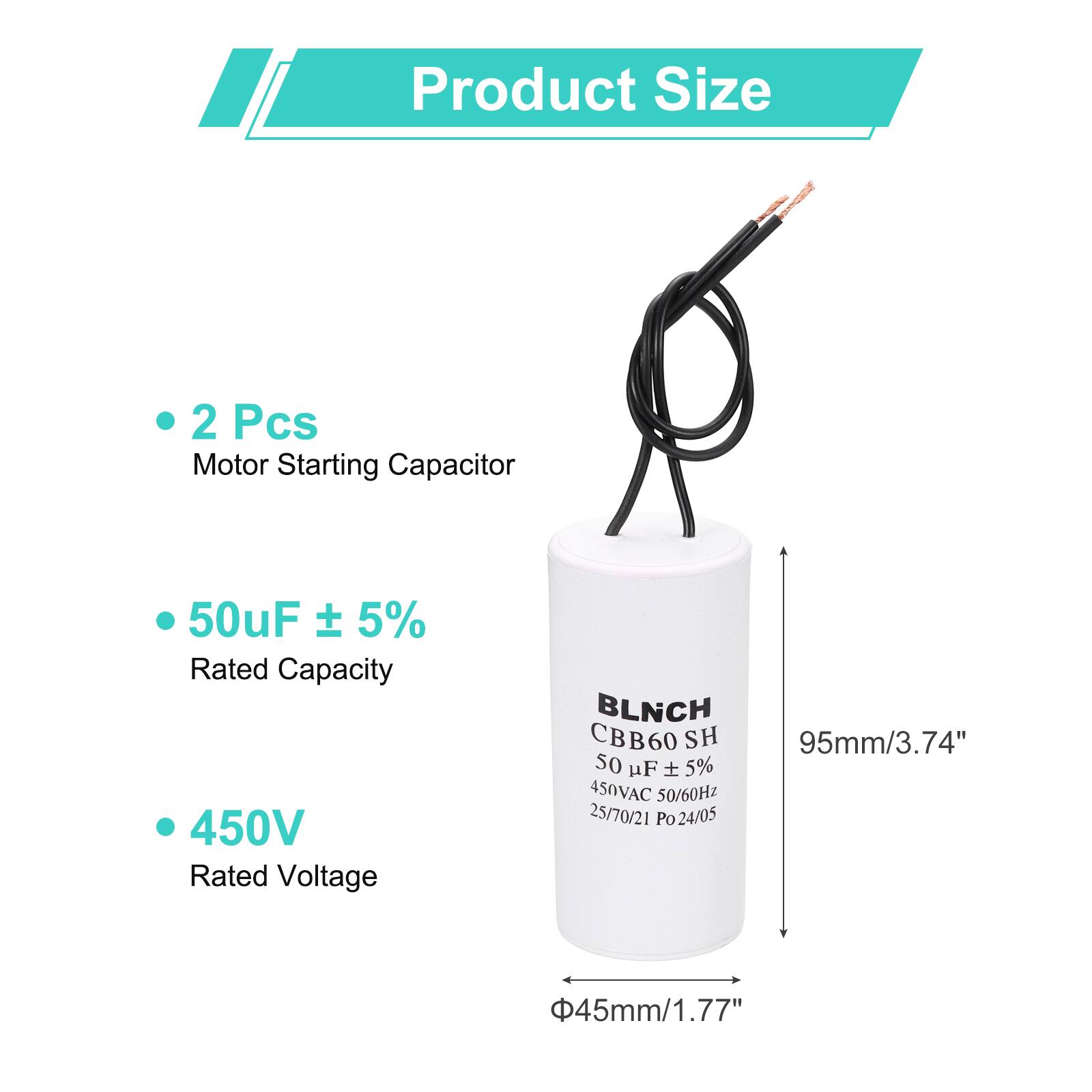 Unique Bargains 2pcs 50uF CBB60 Running Capacitor, AC 450V 2 Wire for ...