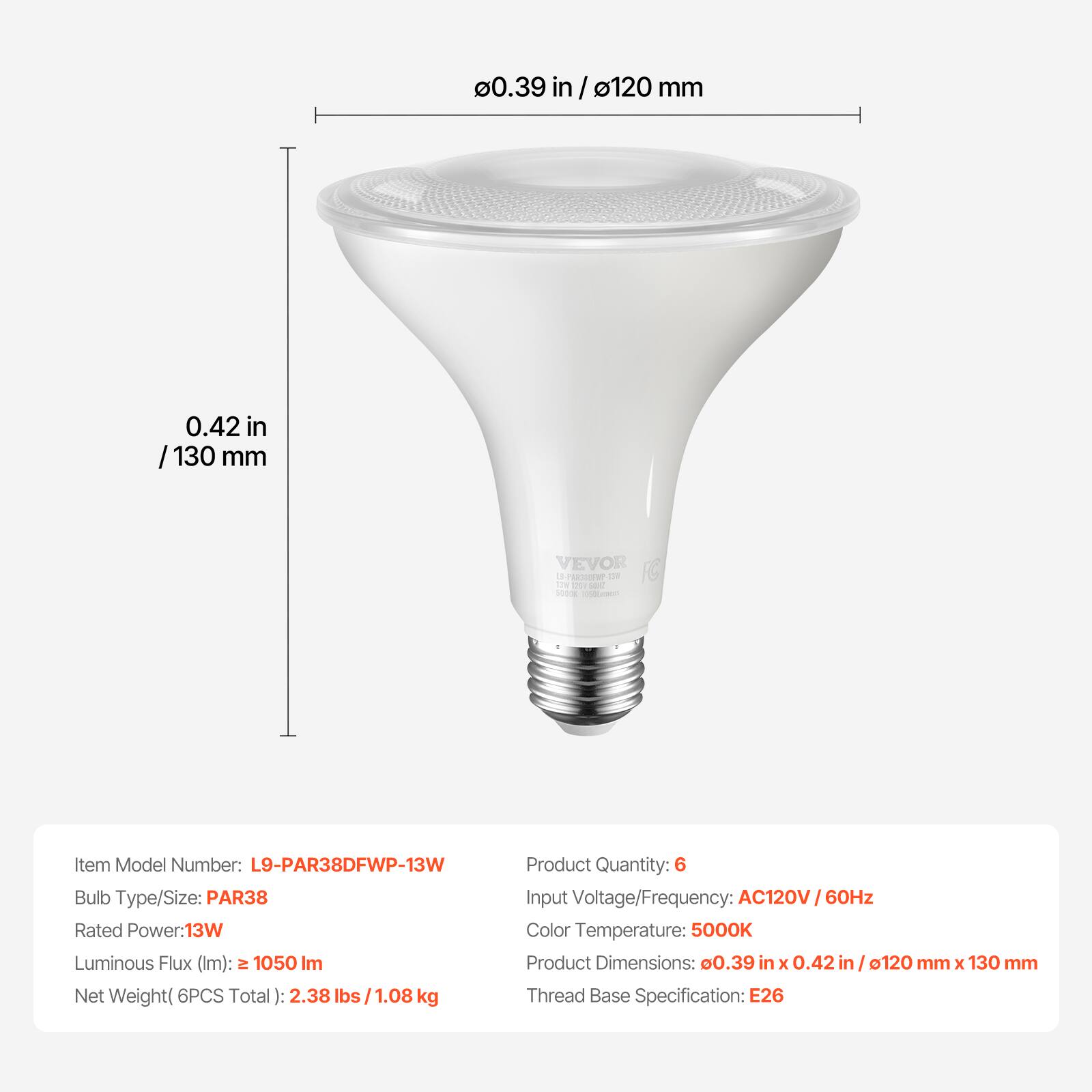 VEVOR PAR38 Flood Light Bulb, 6 Pack LED Outdoor Flood Lights, 1050 ...
