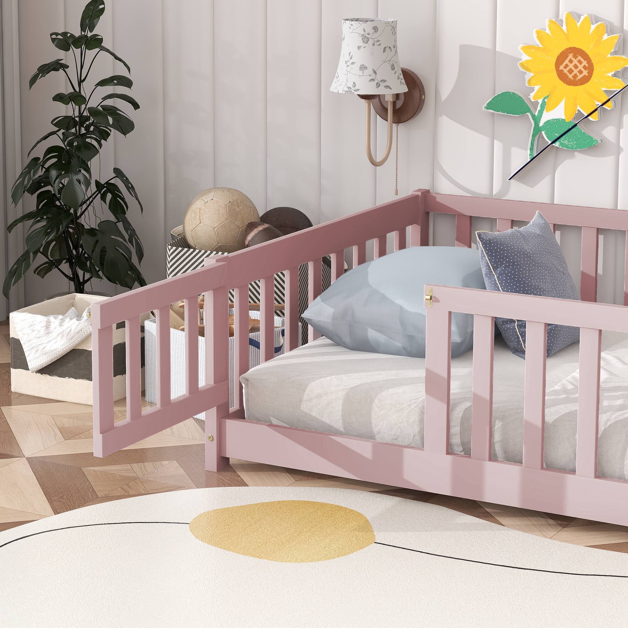 TinyHomie Twin Pink Rubber Wood Floor Bed Fence Door Safety Guardrails ...