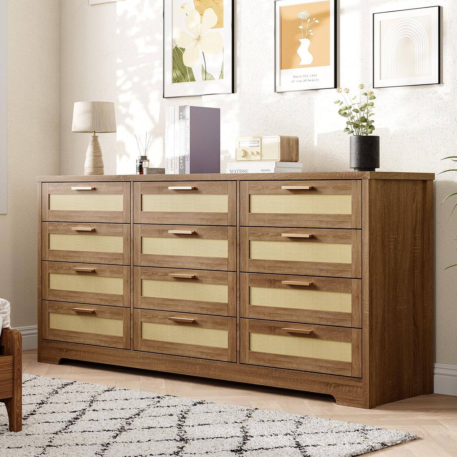 GARVEE 12 Drawer Dresser, Modern Rattan Chest, Wood Storage with Rattan Panel Drawers & Handles ...
