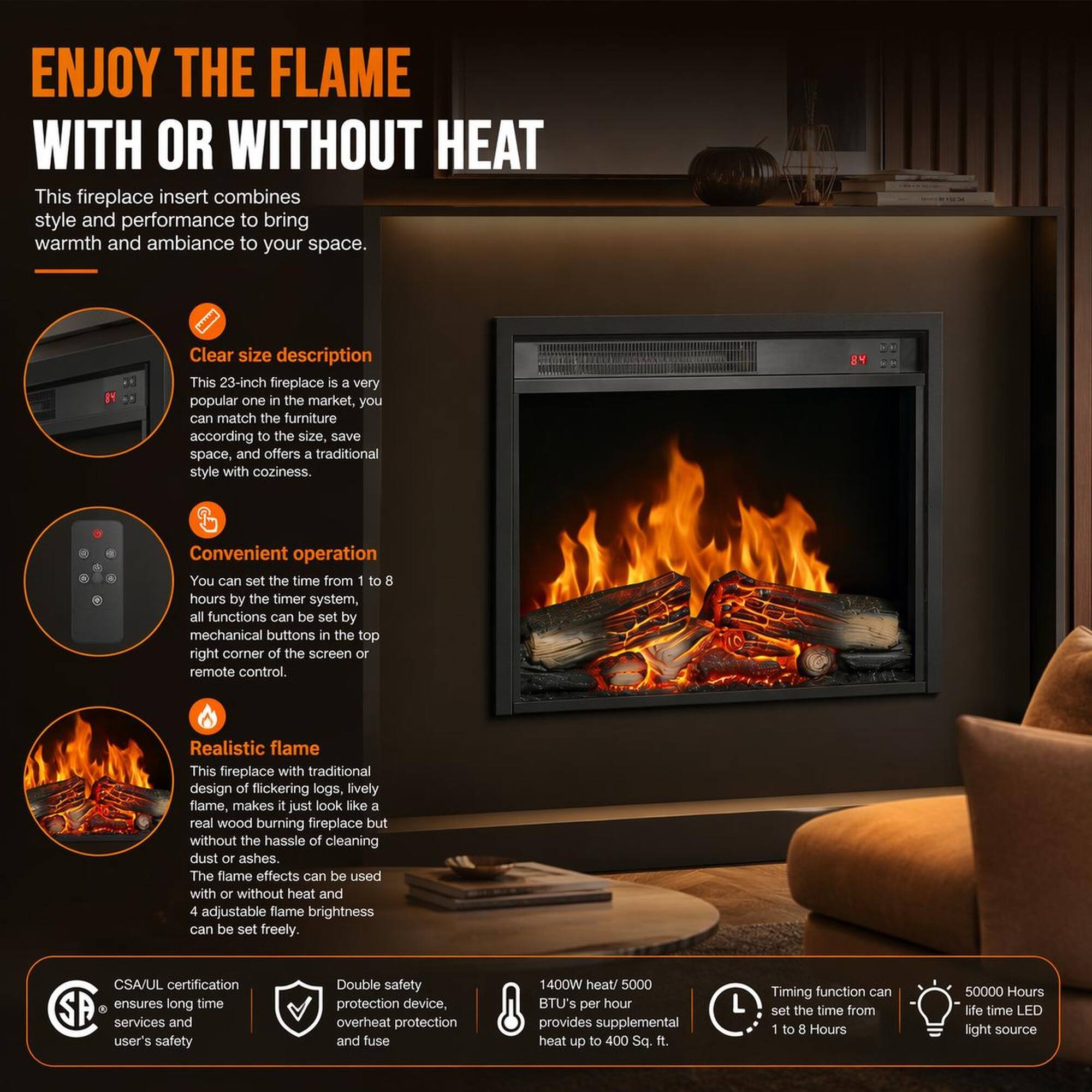 RYHNUYNE 23 Inch Electric Fireplace Insert – Ultra Thin Heater with Log ...