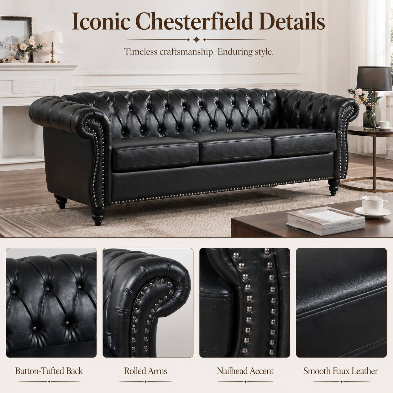 Anysun 84" Faux Leather 3 Seat Chesterfield Sofa Rolled Arm, Deep ...