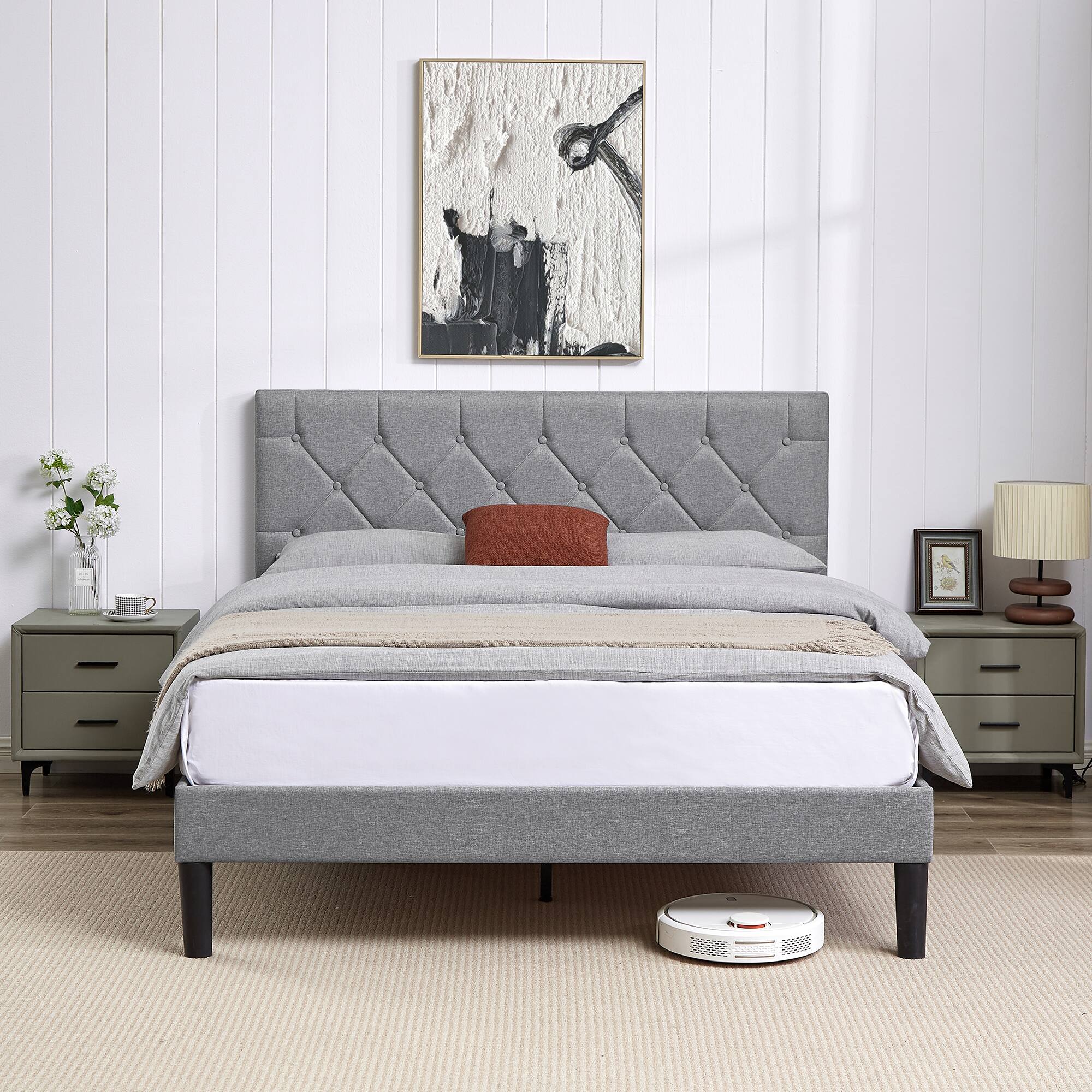 Vecelo Queen Bed Frame with Upholstered Headboard, Heavy Duty Wooden ...