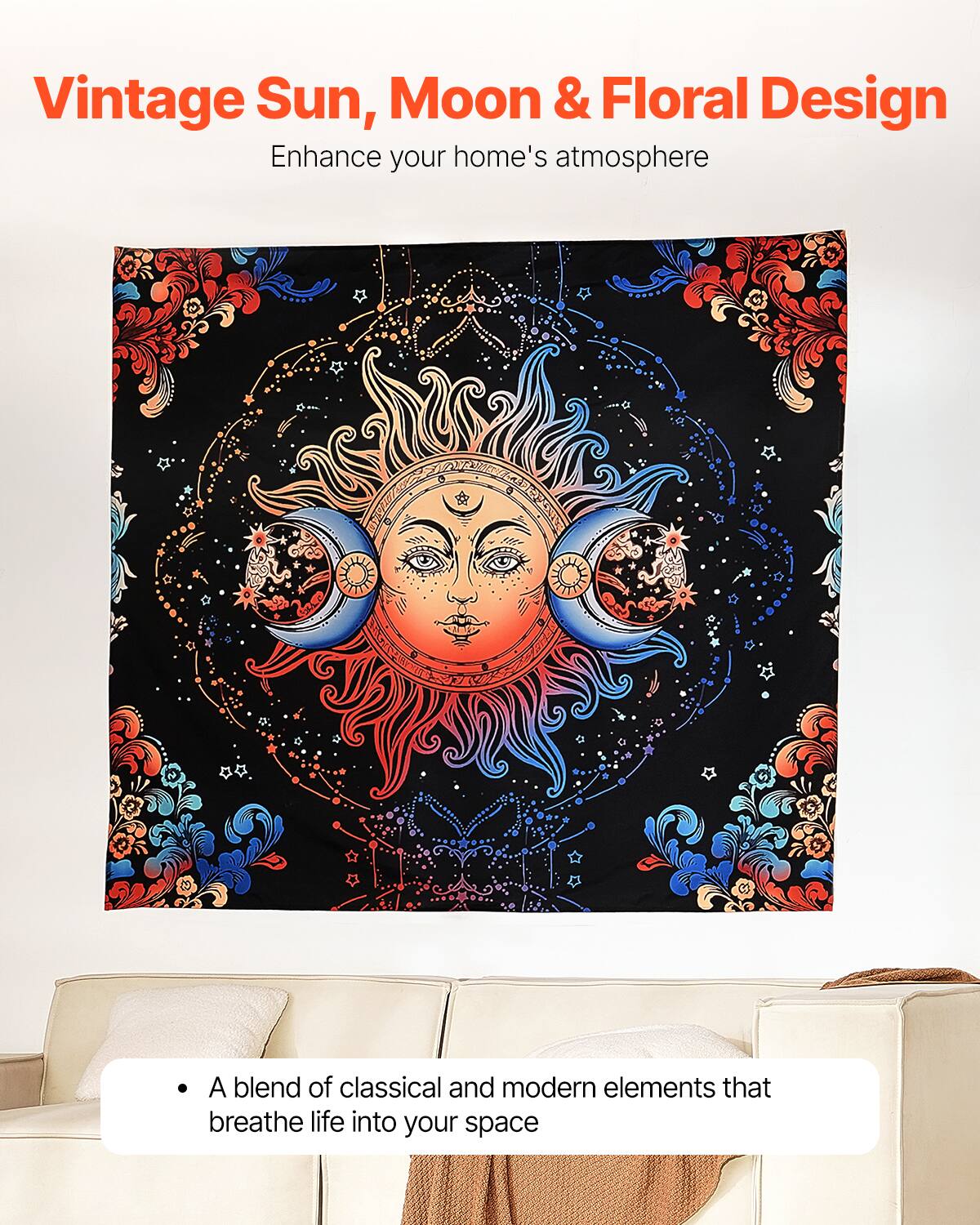 VEVOR Sun and Moon Tapestry, Psychedelic Mystic Floral Aesthetic Wall ...