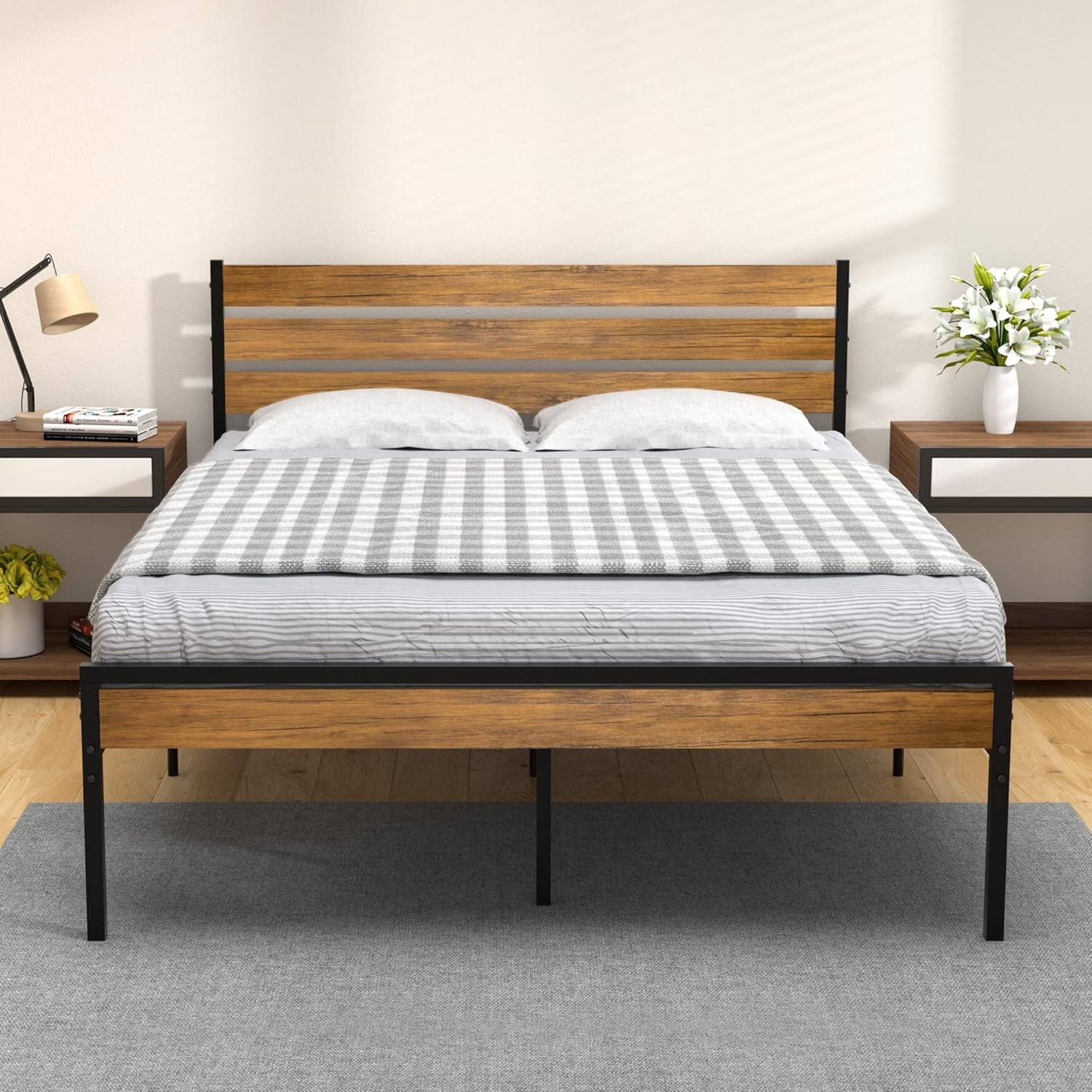 GARVEE Full Metal Bed Frame Rustic Brown Wooden Slats Farmhouse Style ...