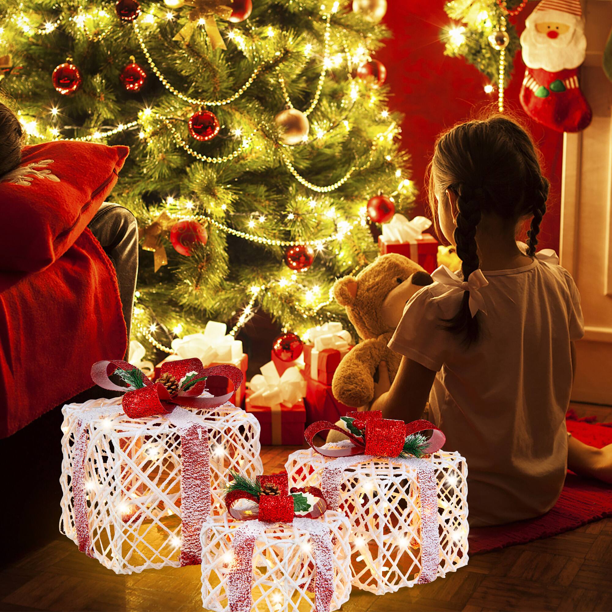 Gymax Set of 3 Christmas Present Boxes Festival Lighted Decor Boxes w ...